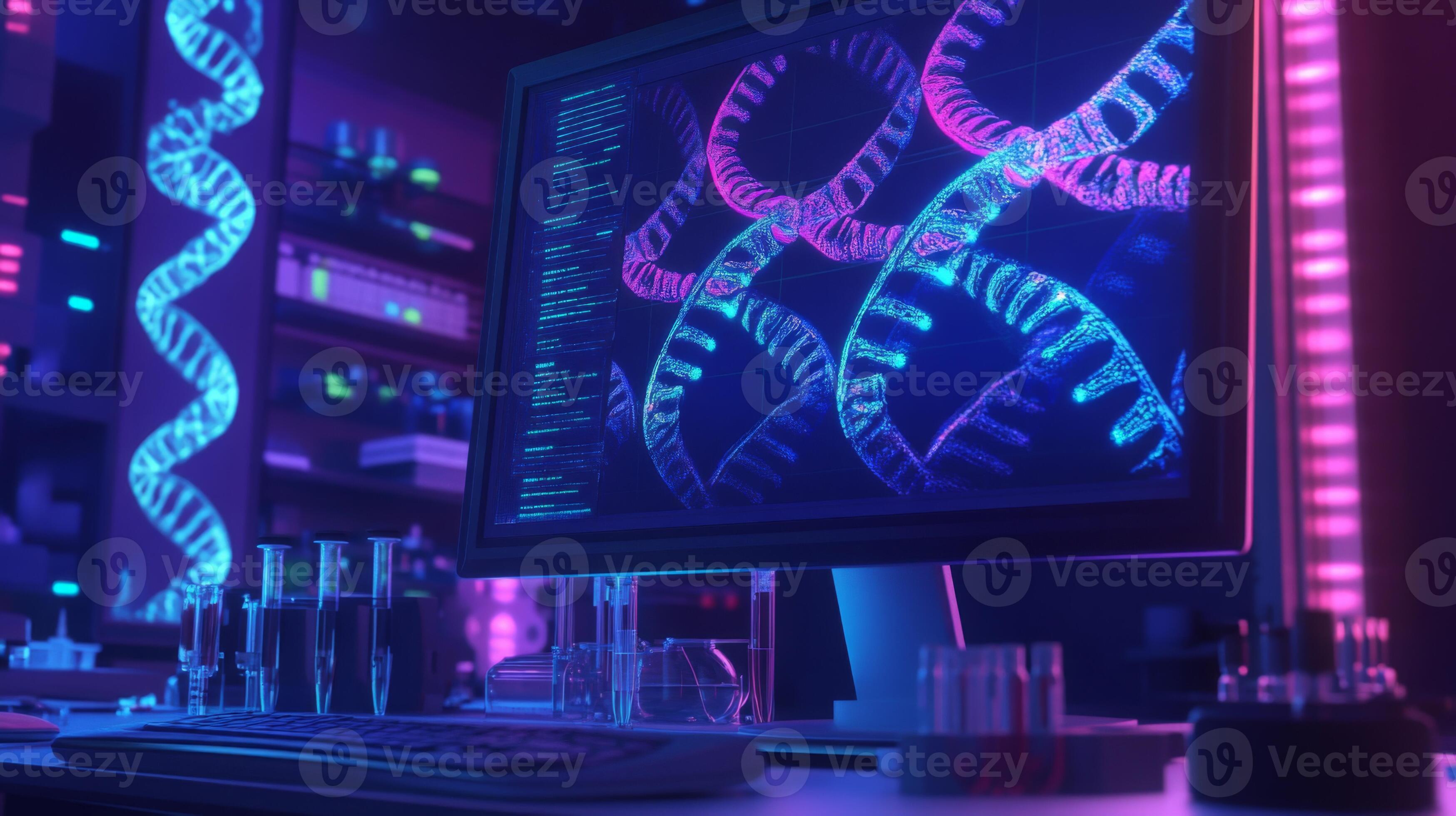 A computer screen displays dynamic graphics of DNA strands, highlighted in vivid colors ...