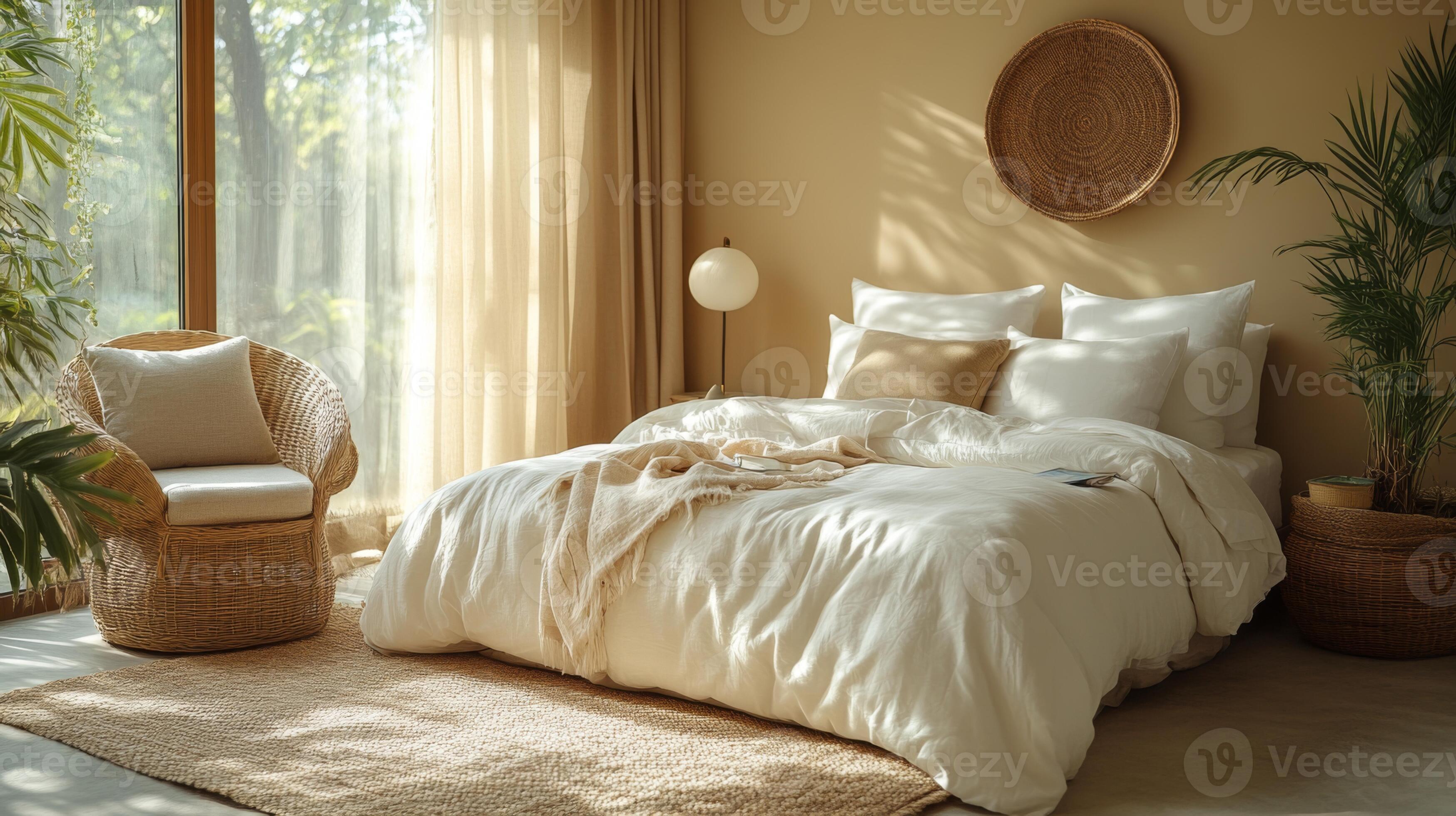 Bright and airy bedroom showcases a comfortable bed with soft linens, a textured rug, and ...