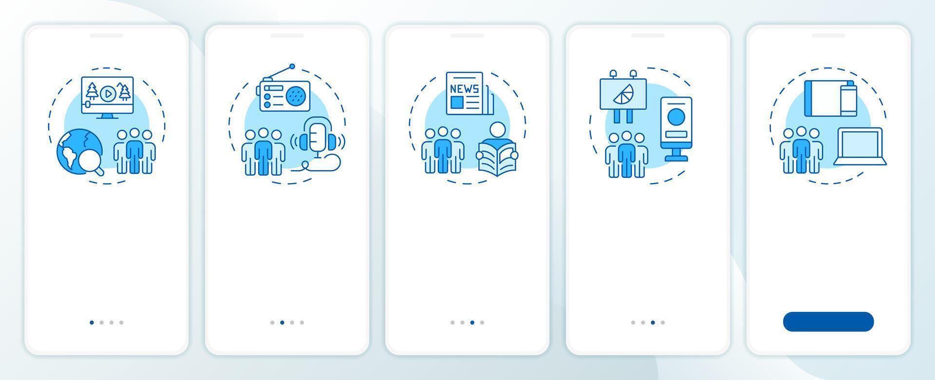 Audience measurement methods blue onboarding mobile app screen. Walkthrough 5 steps editable ...