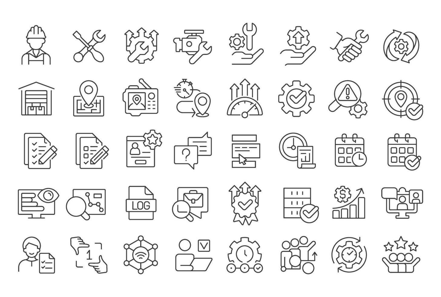 Field service management linear icons set. FMS system. Represent tools, gears, documents and ...