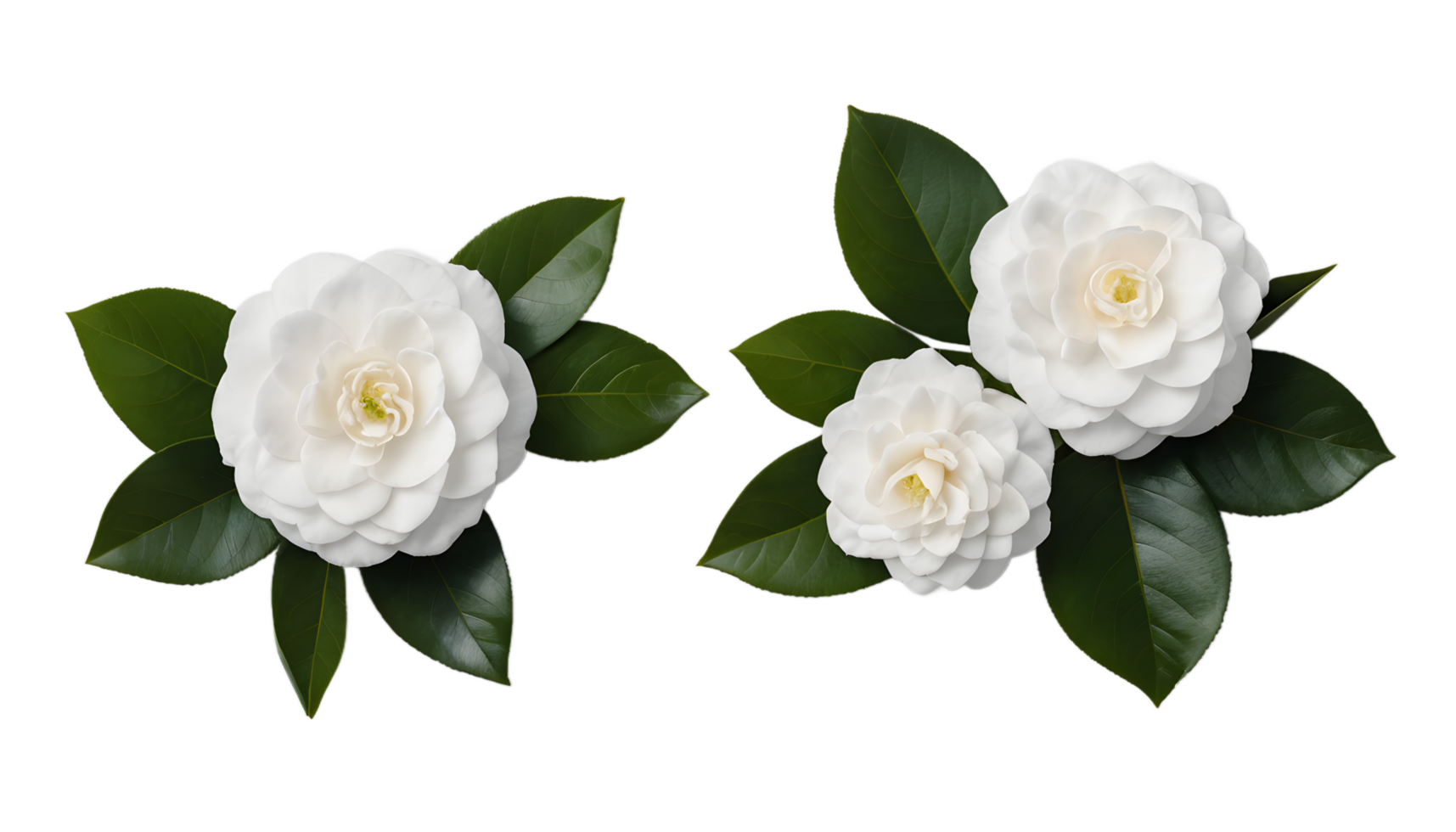 Two Delicate White Camellia Flowers with Lush Green Leaves on Transparent Background 54473436 PNG