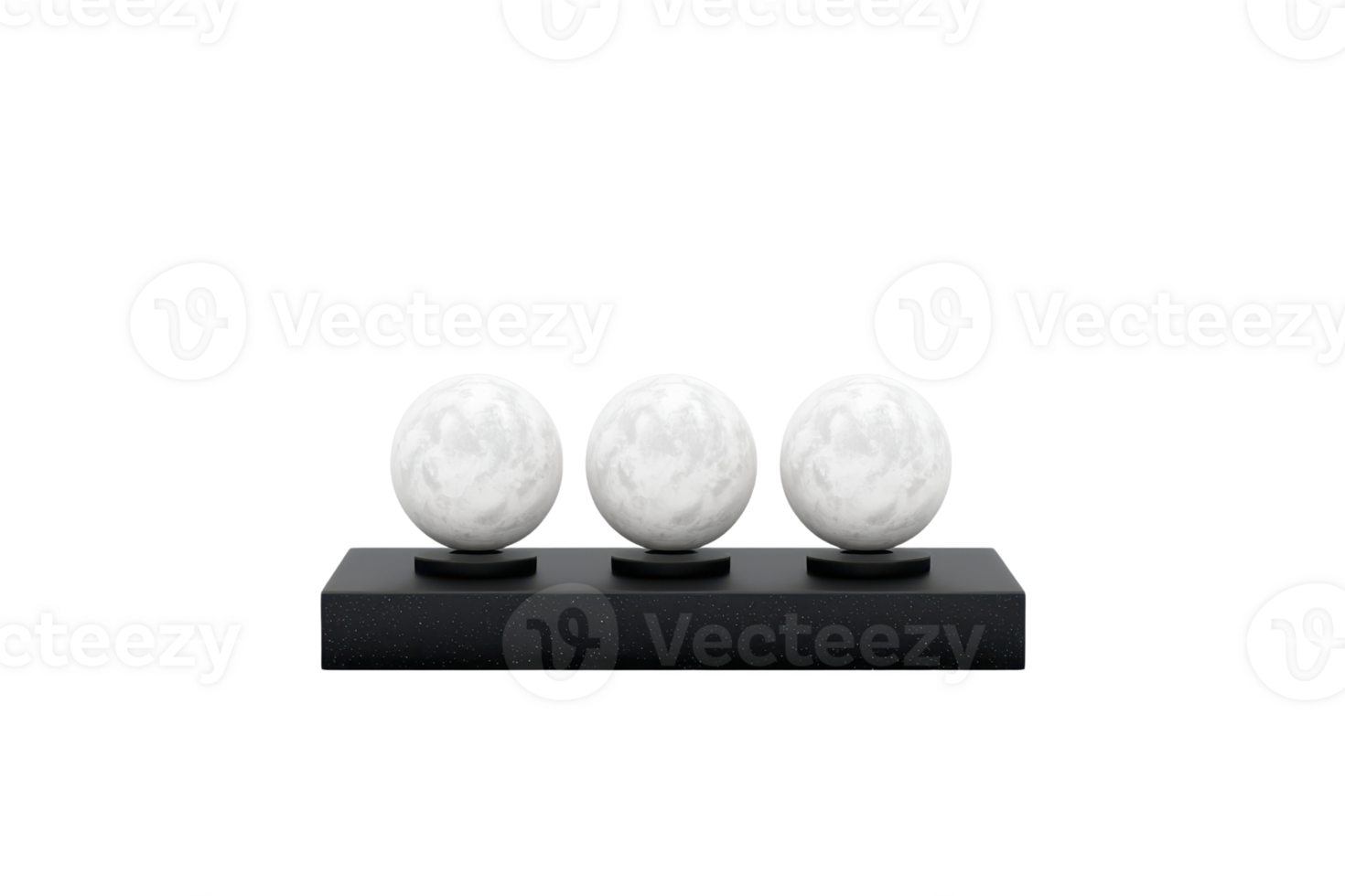 Three spherical objects arranged in a row on a rectangular base, showcasing a smooth, white ...