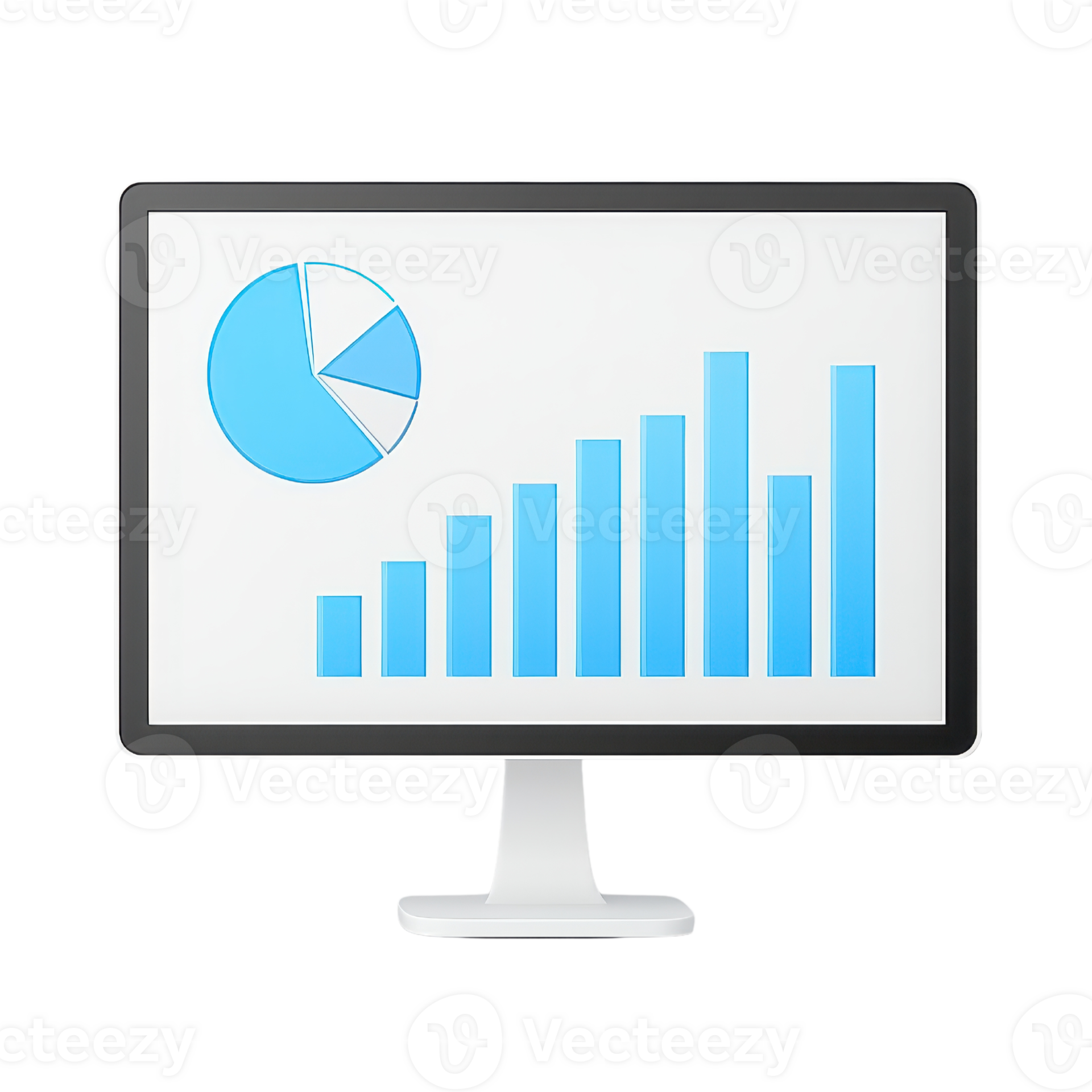 A Computer Monitor Displaying A Blue Bar Graph And Pie Chart Illustrating Data Analysis And