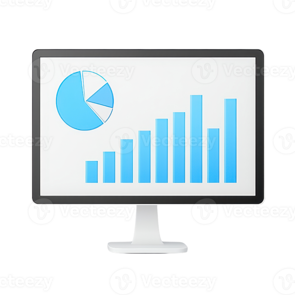 A computer monitor displaying a blue bar graph and pie chart, illustrating data analysis and ...