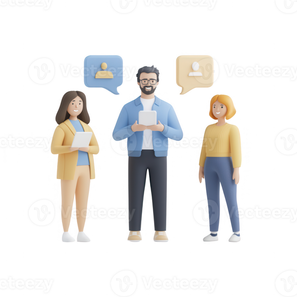 Three diverse individuals interacting with digital devices in a modern ...