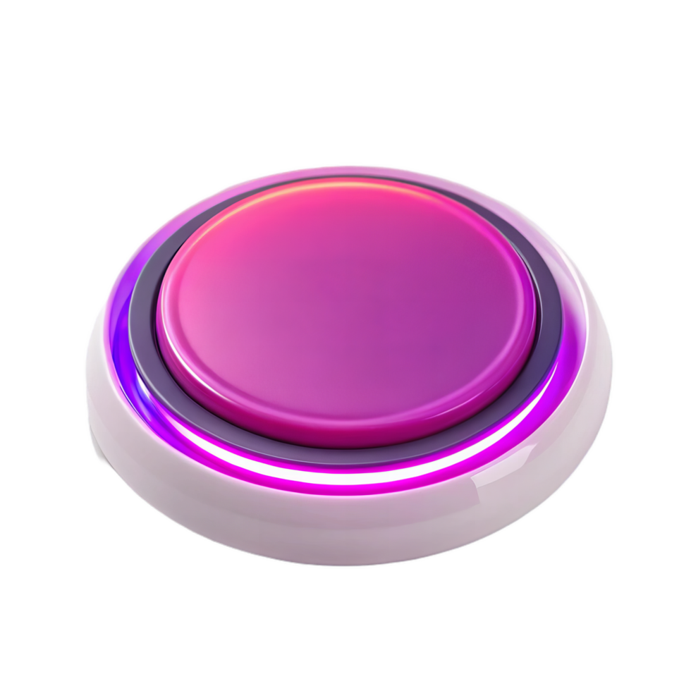 3D rendered circular button with pulsating light effect, featuring smooth surface and vibrant ...