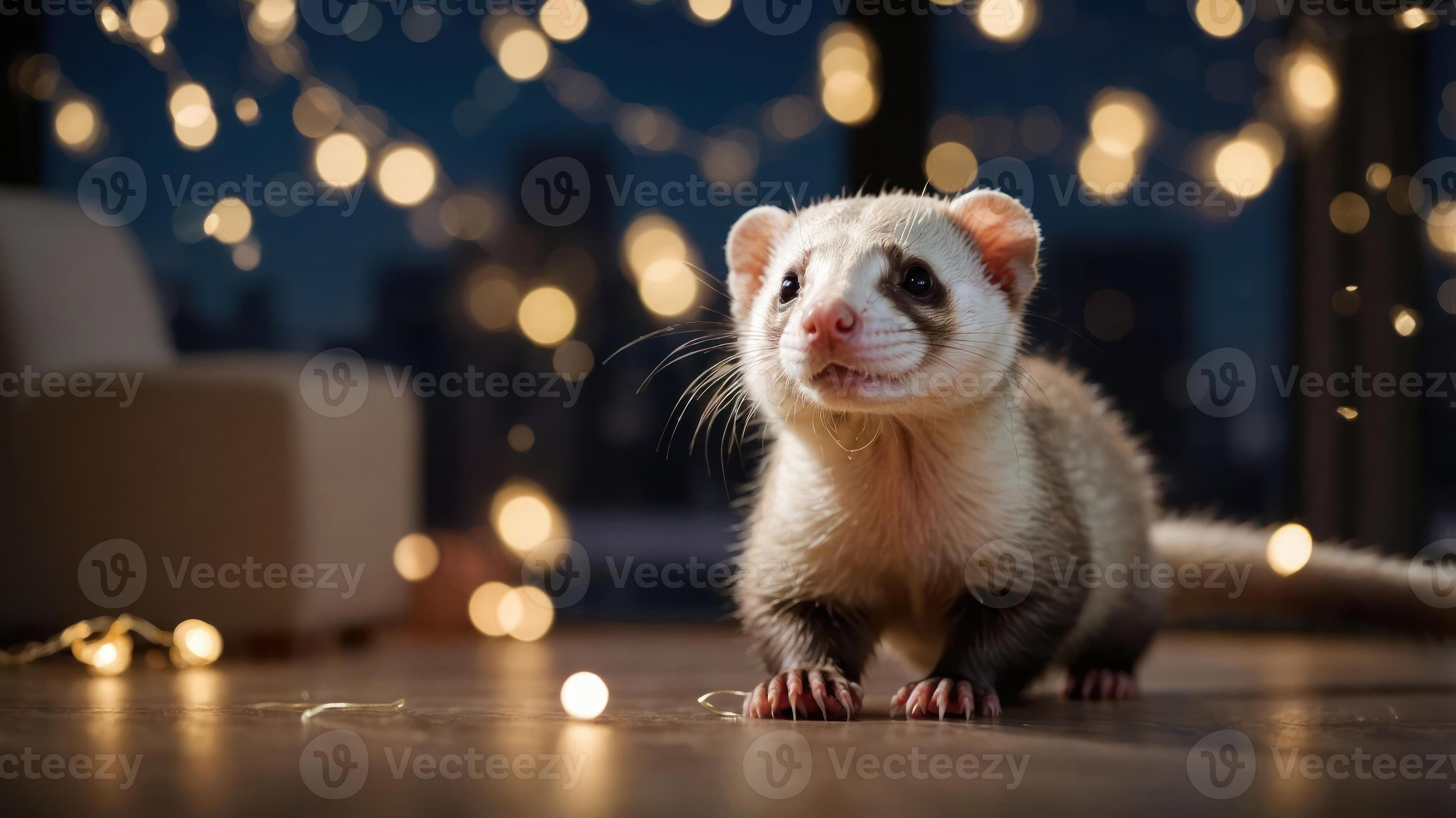 A playful ferret surrounded by soft, glowing lights in a cozy indoor setting. 54493786 Stock ...