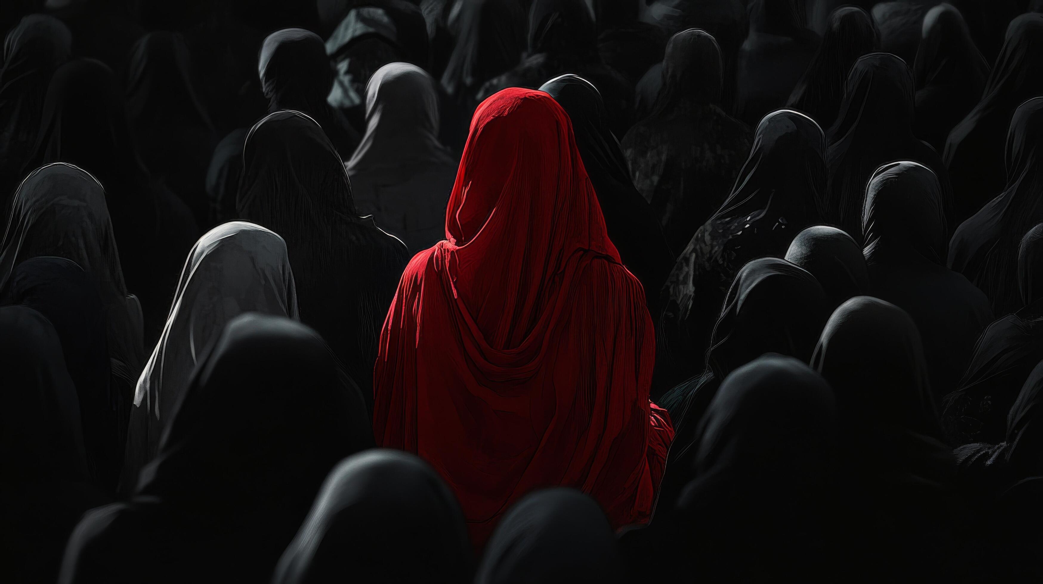 Mysterious gathering of cloaked figures with one standout in a striking red cloak 54501937 Stock ...