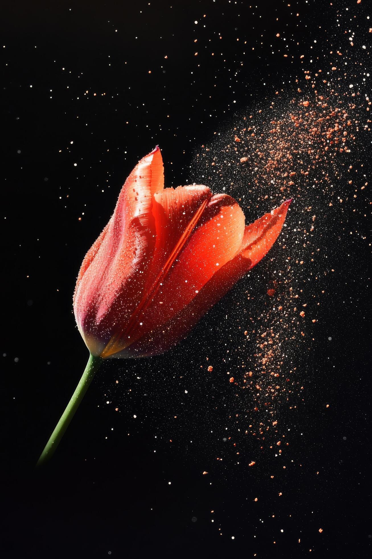 Bright red tulip petal suspended in air with fine particles sparkling against a dark background ...