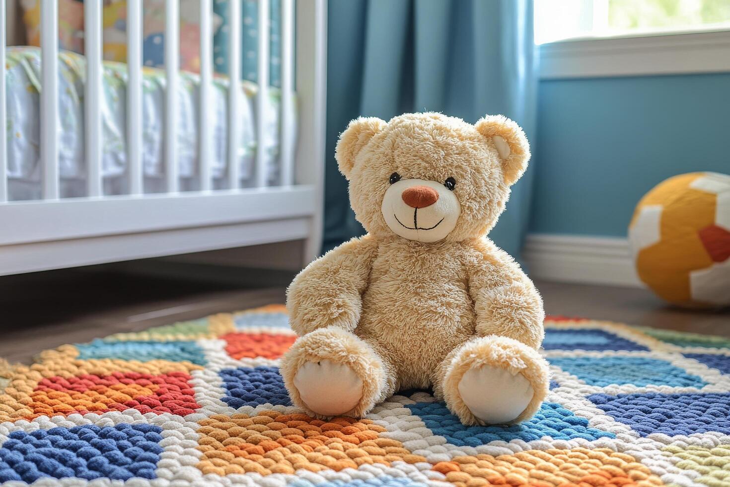 Cozy nursery with a teddy bear on the floor and a crib by the window in ...