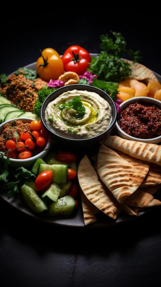 Delicious Middle Eastern appetizer platter with hummus, pita, and fresh ...