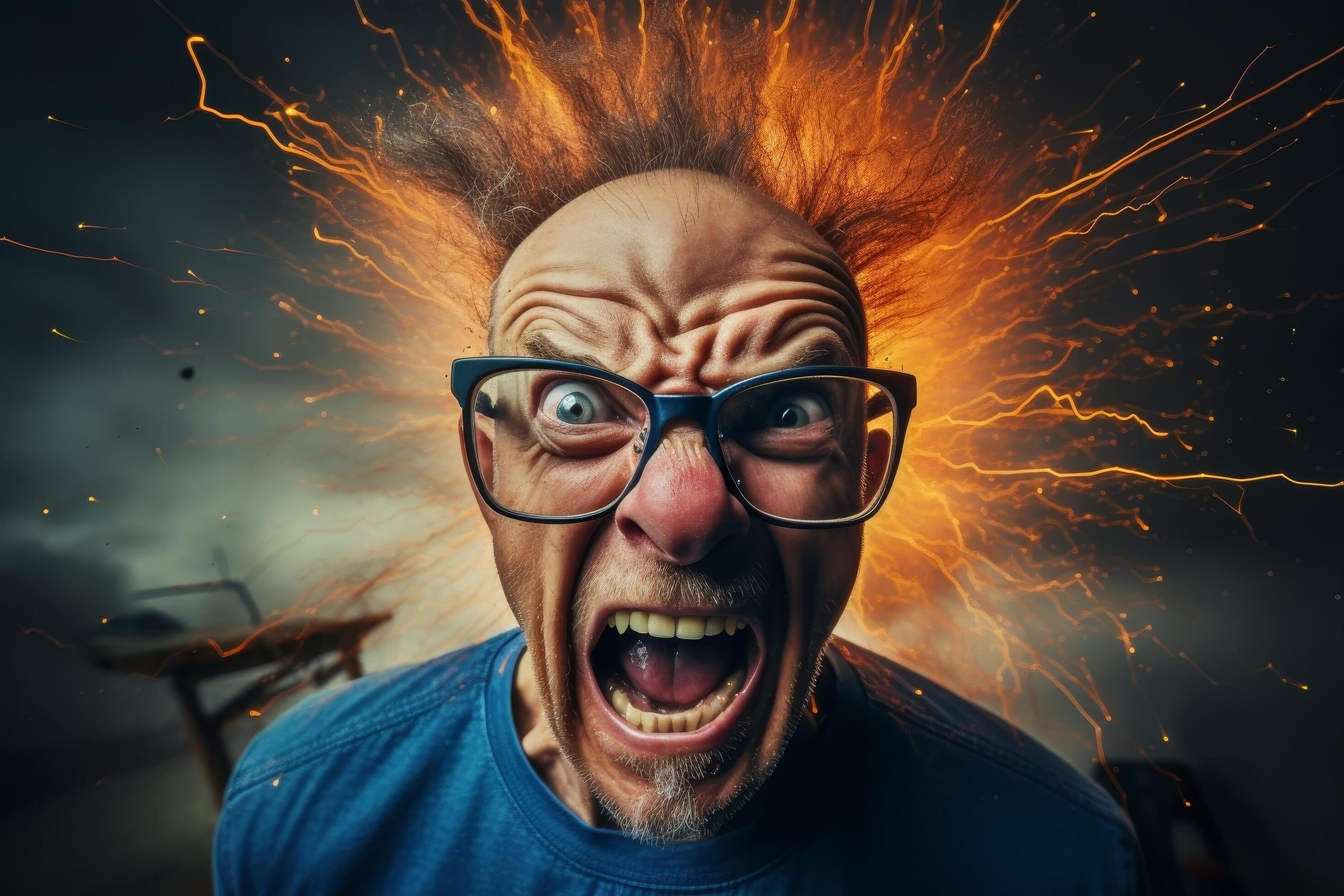 Angry man with wild hair and glasses yelling 54508971 Stock Photo at ...