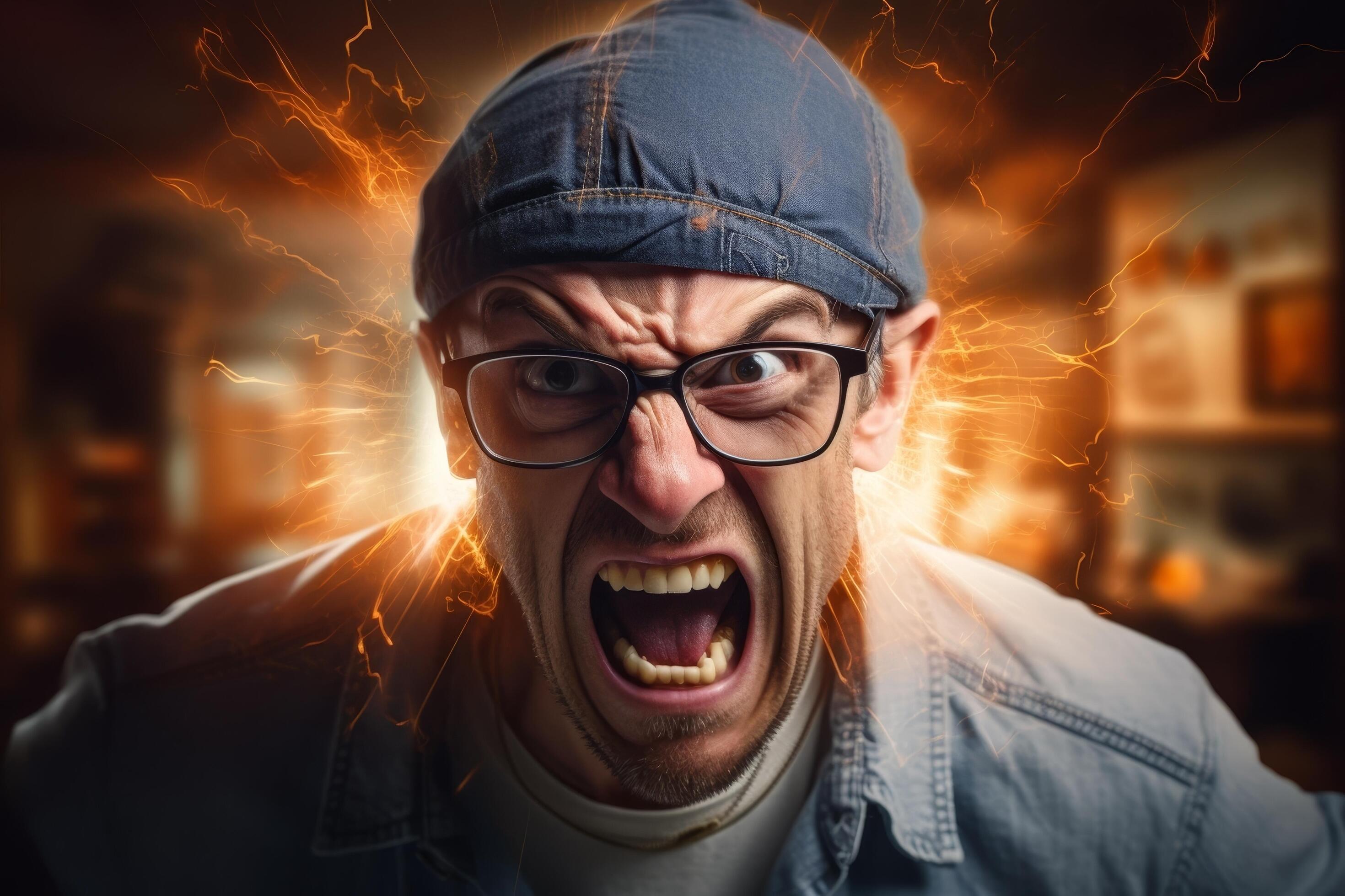 Angry man with glasses and cap yelling 54510888 Stock Photo at Vecteezy