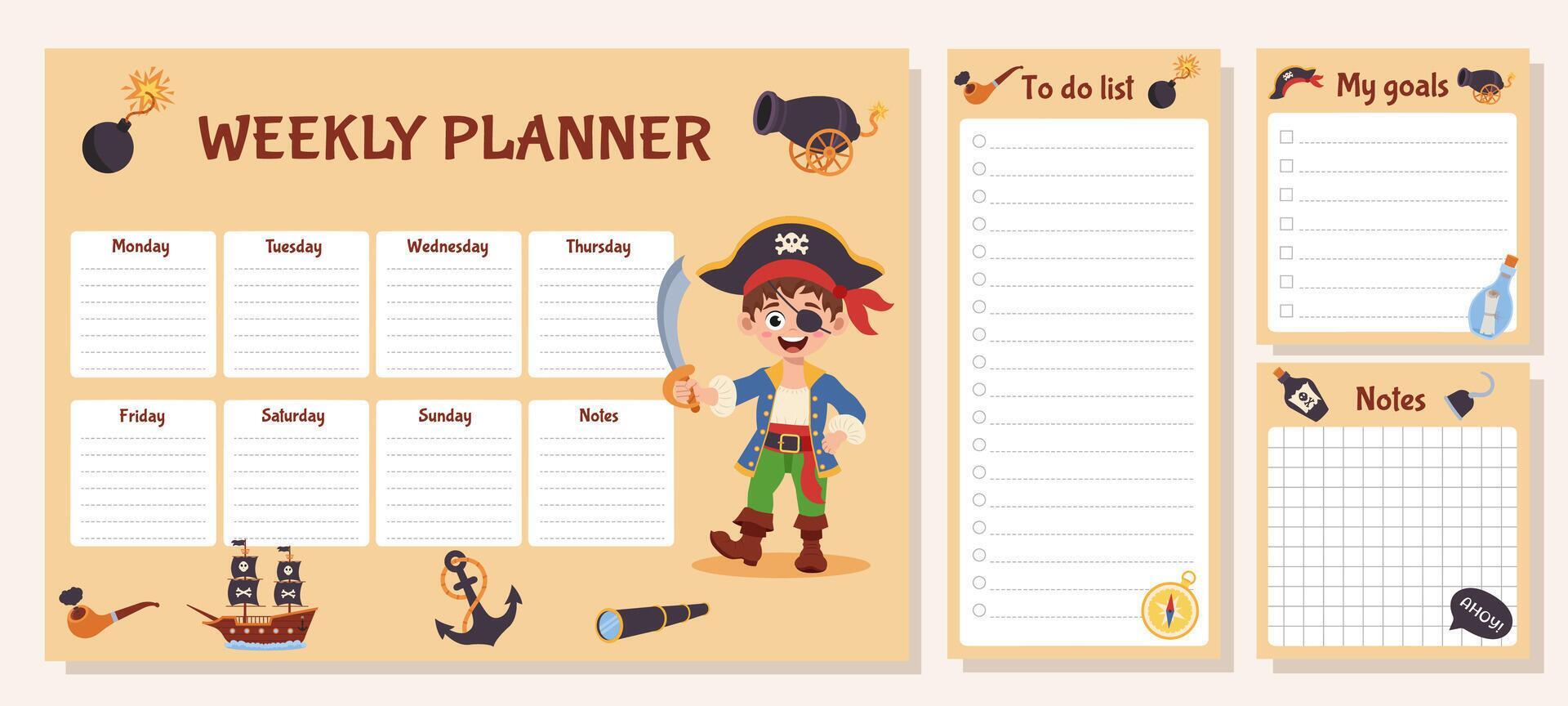 Pirate set of weekly planner, to do list, goals and notes. Set with ...
