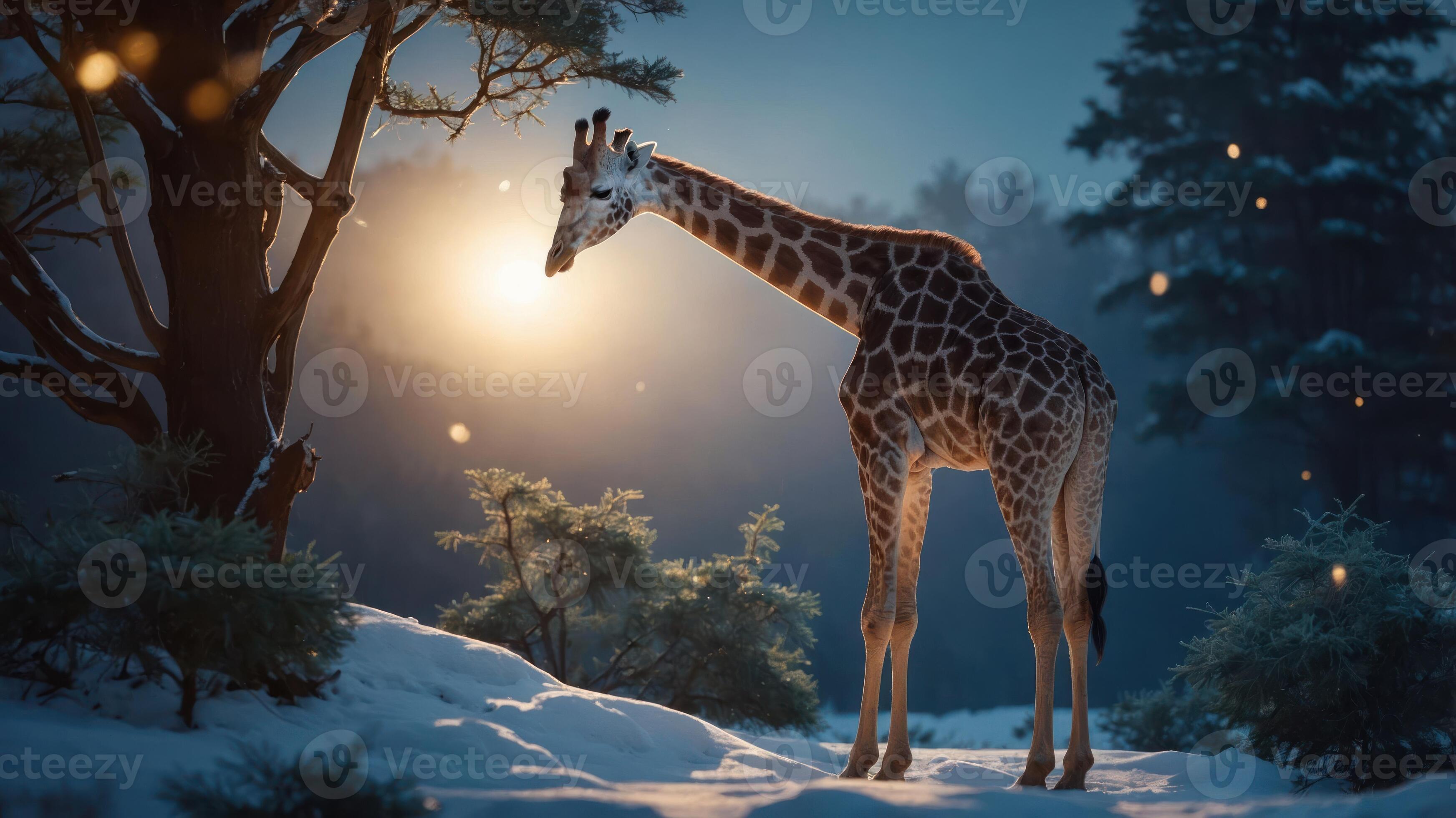 A serene giraffe stands in a snowy landscape illuminated by soft light. 54536672 Stock Photo at ...