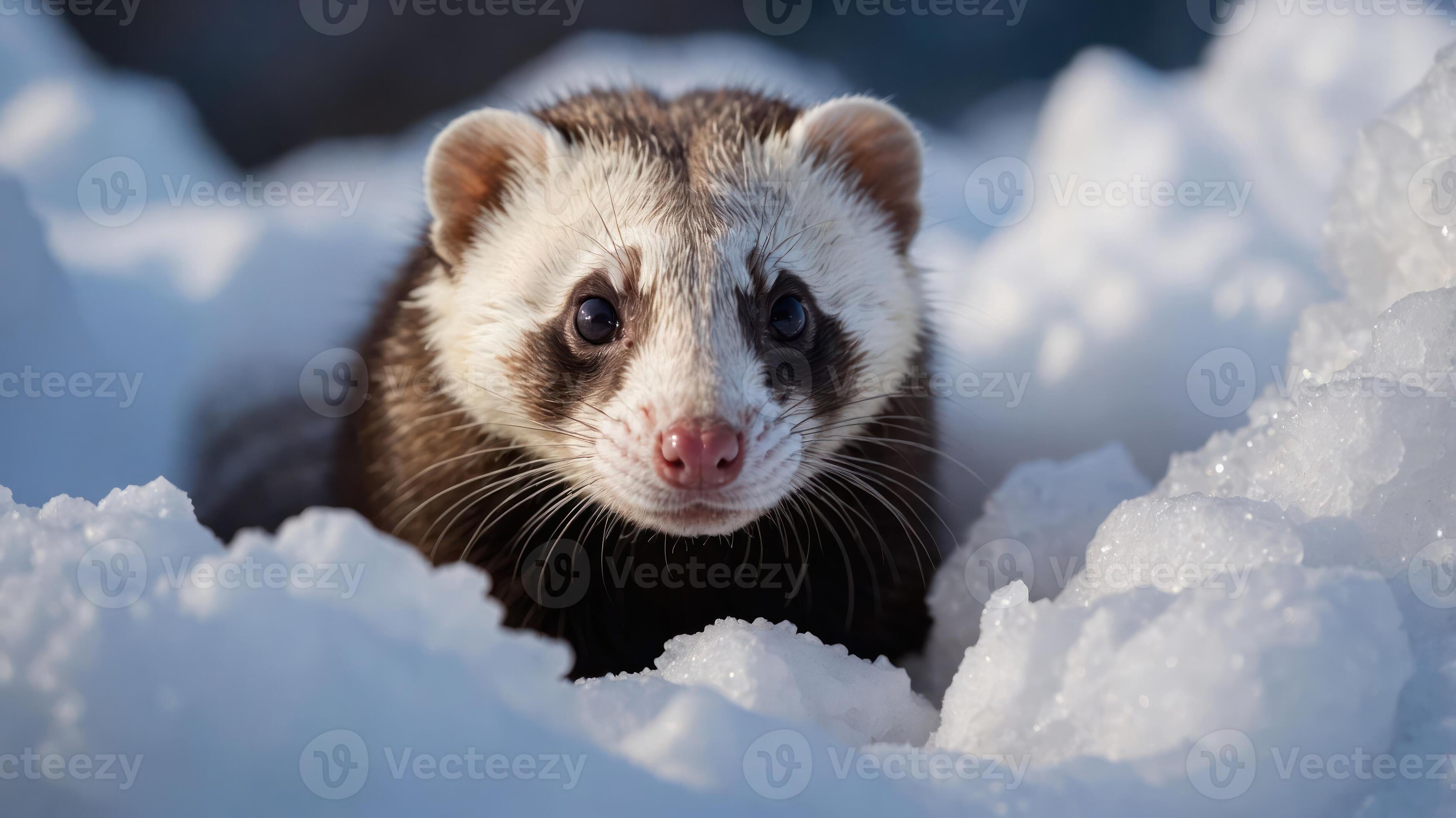 A close-up of a ferret-like animal in a snowy environment, showcasing ...