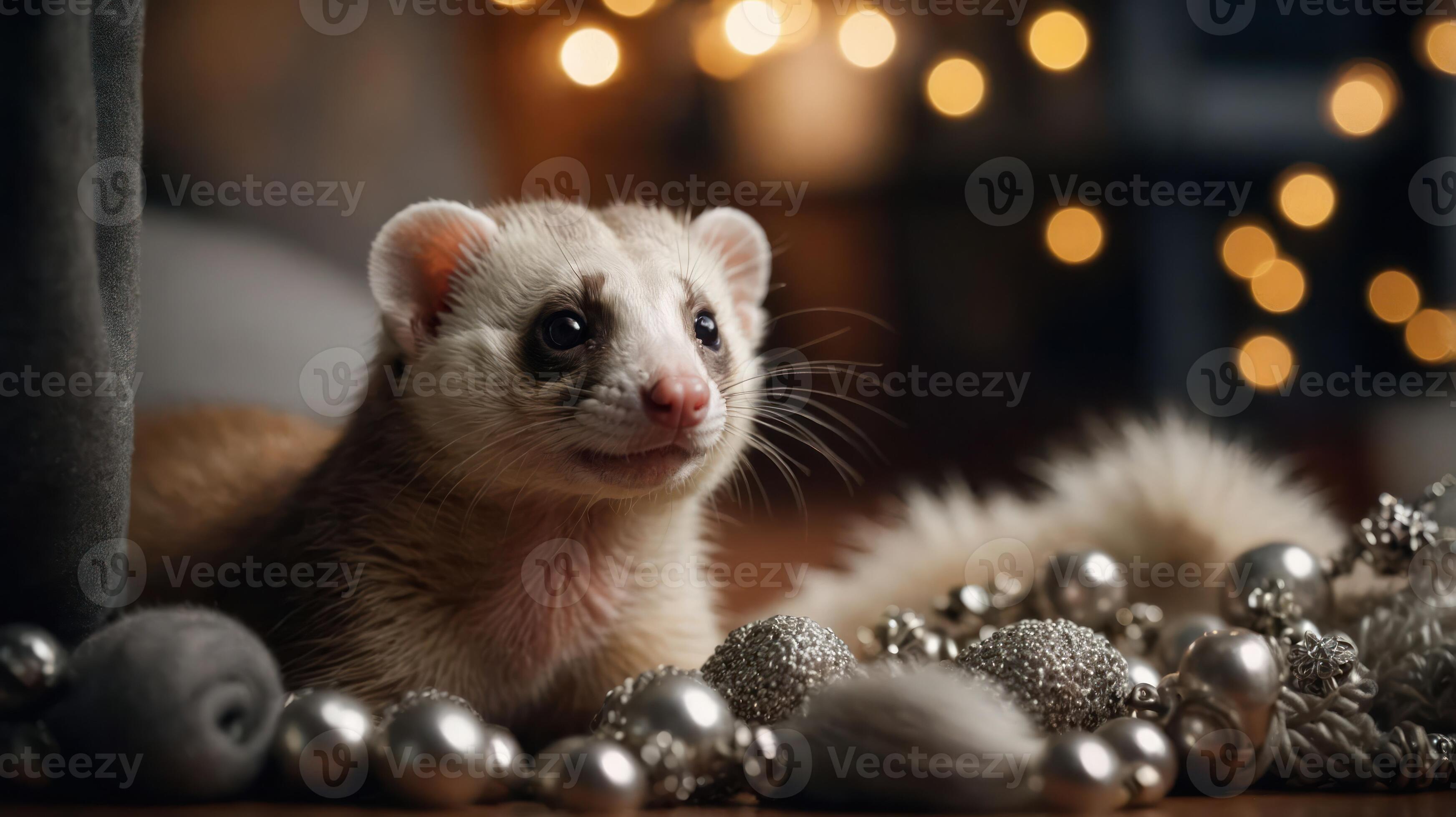 A playful ferret surrounded by decorative silver ornaments and soft lighting. 54539613 Stock ...