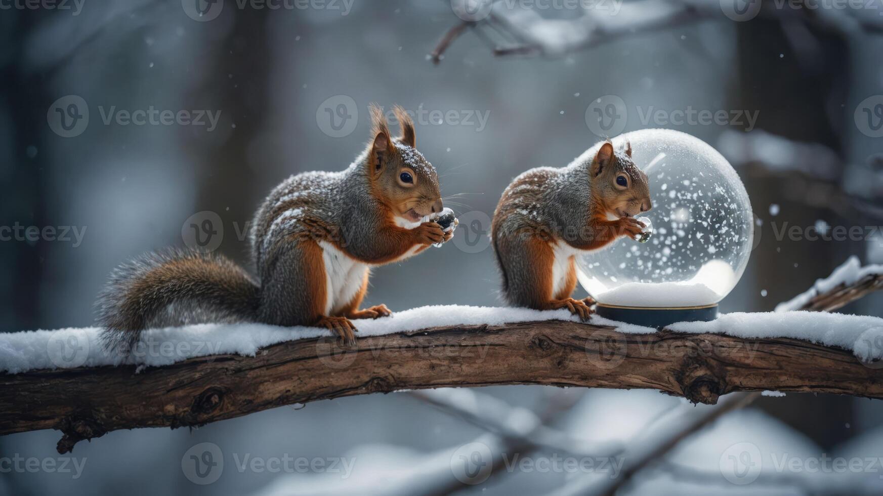Two squirrels curiously interact with a snow globe in a snowy forest ...