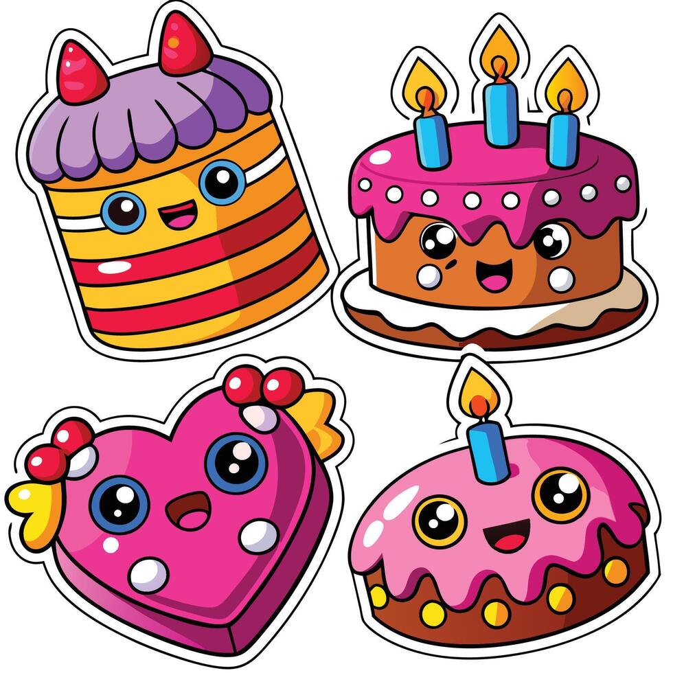 Cute Birthday Cake Stickers Set 54555054 Vector Art At Vecteezy