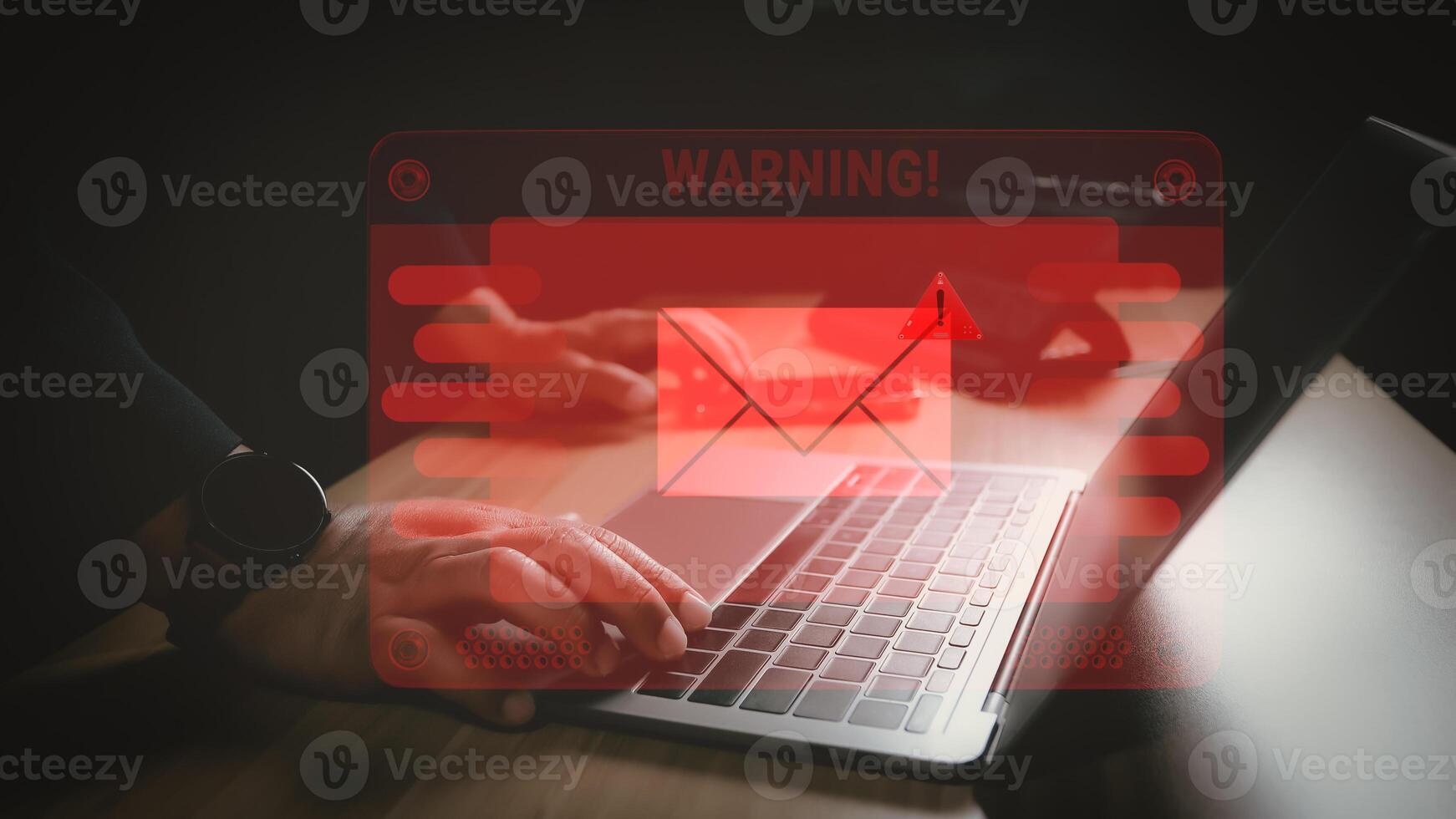 Hacker Or Programmer Using Laptop With Triangle Caution Warning Sign Coding Cryptography