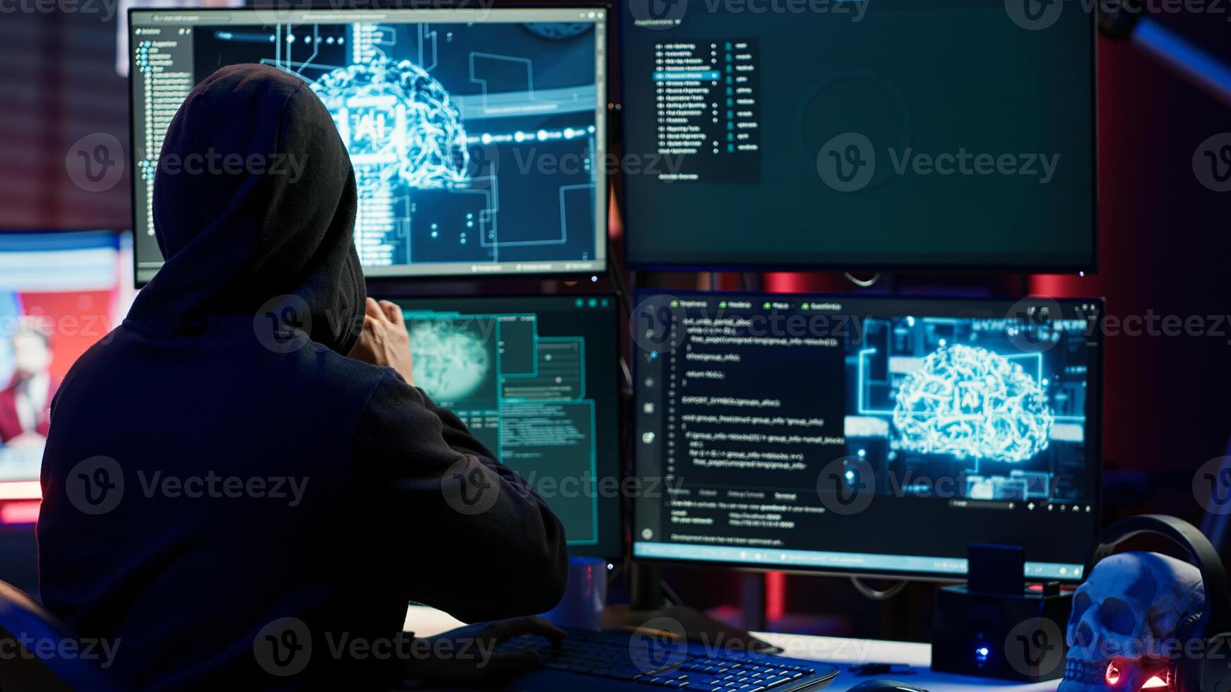 Evil cybercriminal using AI deep learning to produce virus corrupting data. Rogue programmer ...