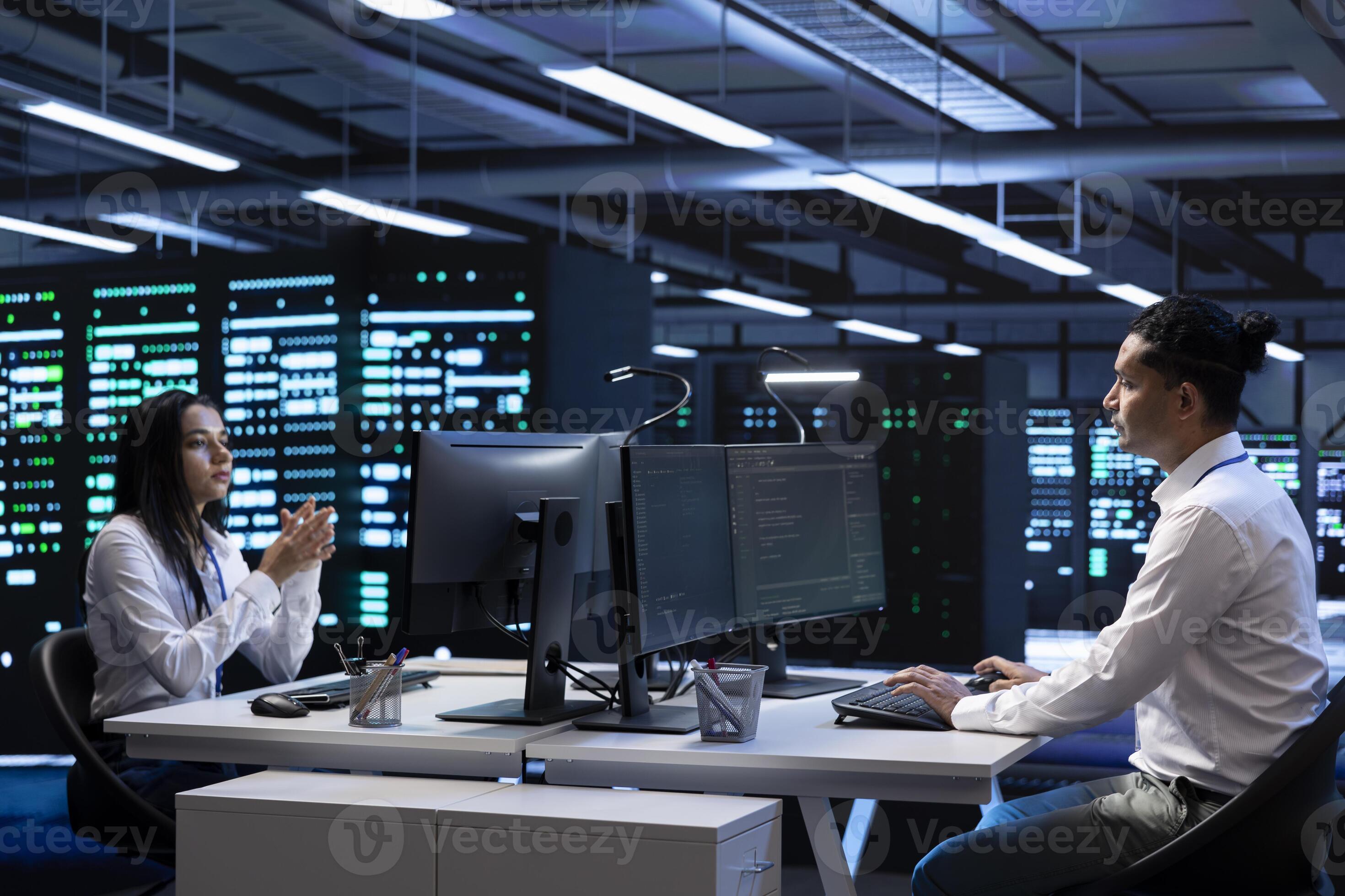 Technicians In Data Center Workspace Running System Diagnostic Tests And Error Checking