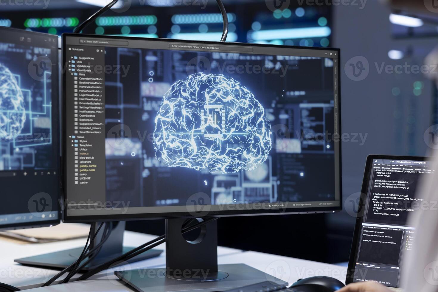 Software developer working in data center with artificial intelligence ...