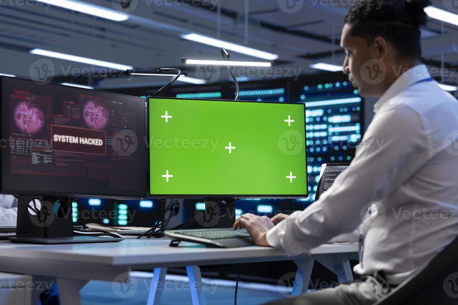 Technician In Server Farm Using Isolated Screen Pc To Stop Hacker
