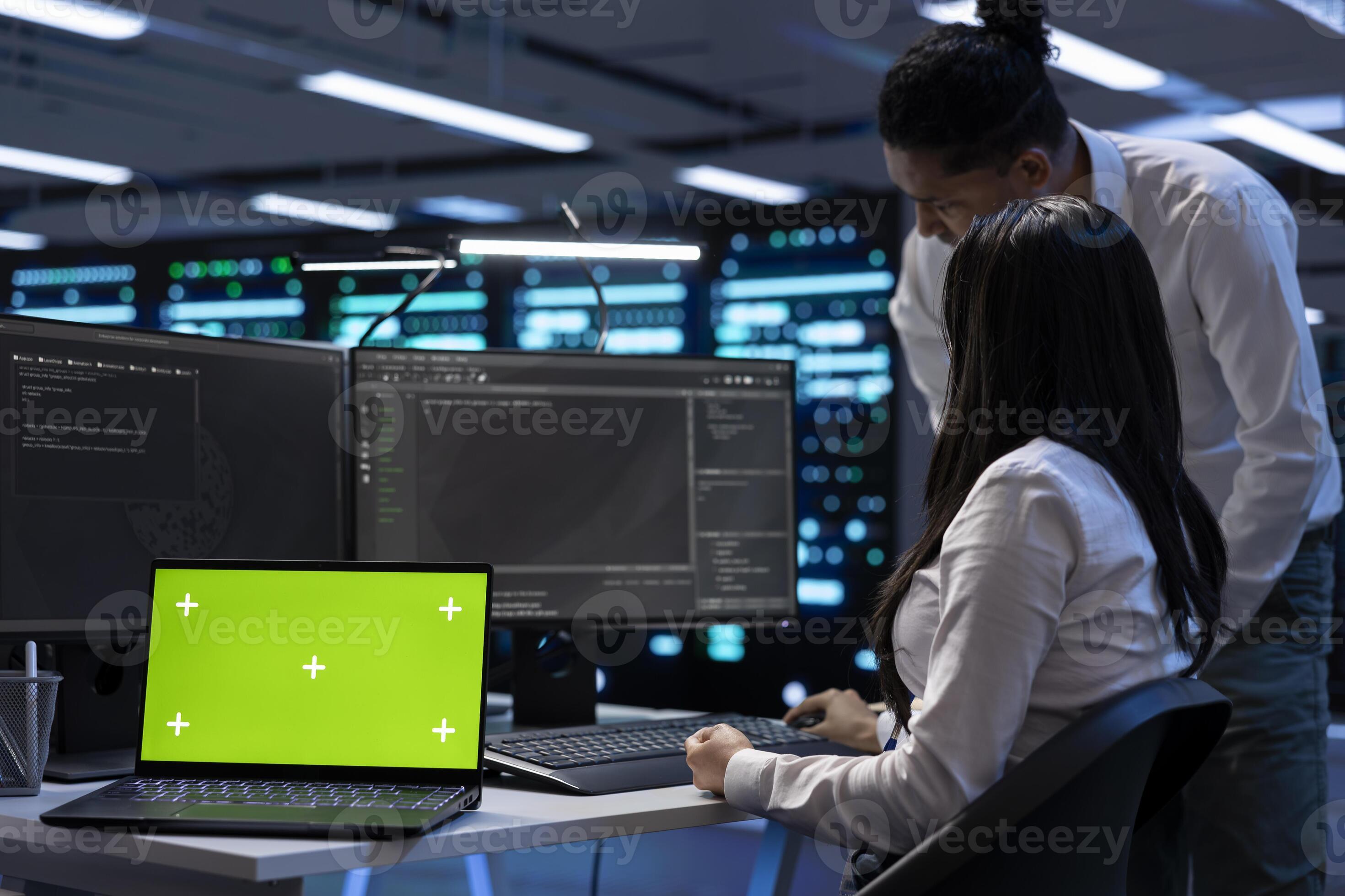 Isolated screen laptop in data center delivering immense computing power, capable of processing ...