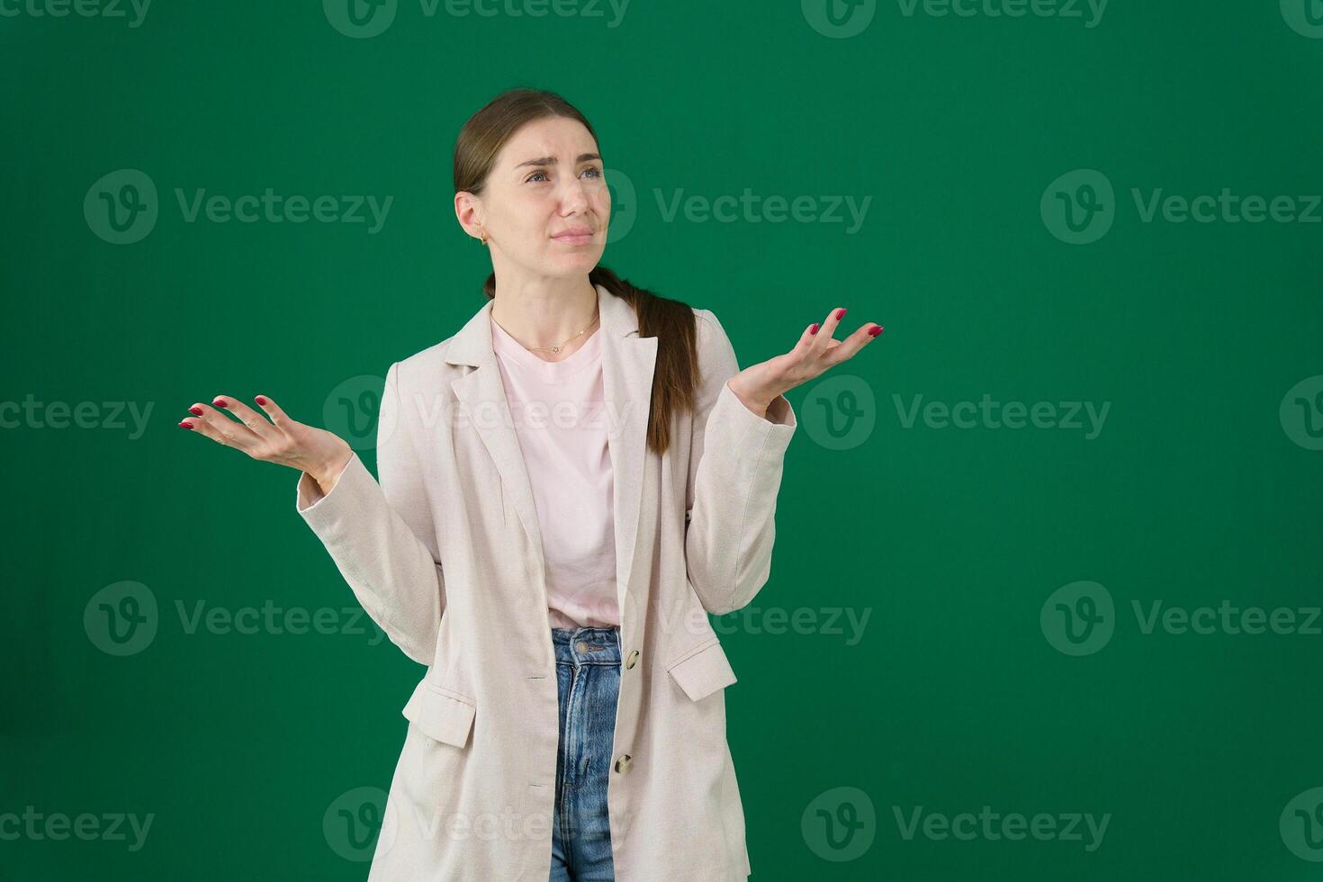 Portrait of confused woman shrug in studio, isolated white background ...