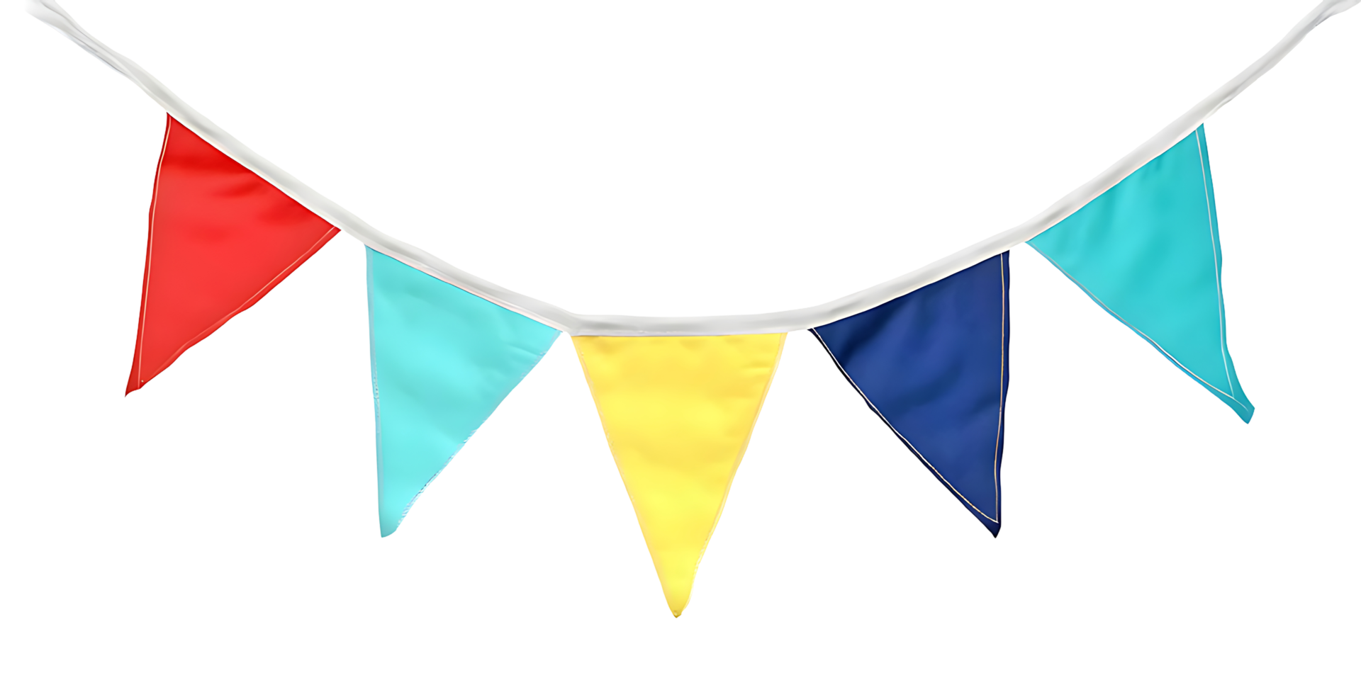A colorful bunting with red, turquoise, yellow, and blue triangular ...