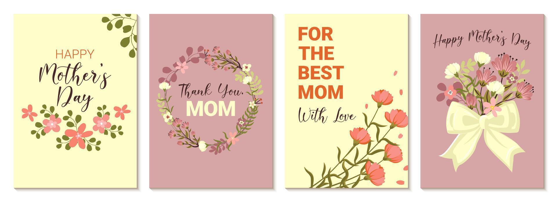 Mothers day posters set in hand drawn flat style with flowers and ...