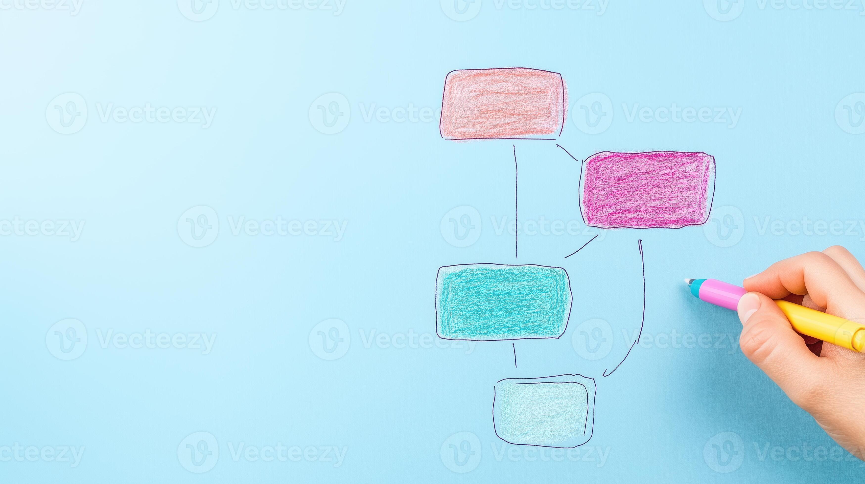 Hand Drawing Flowchart with Colorful Markers on Light Blue Background ...