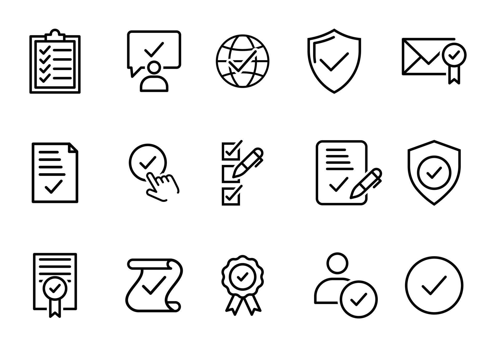 Verified checkmark guarantee approval icon set in outline. containing ...