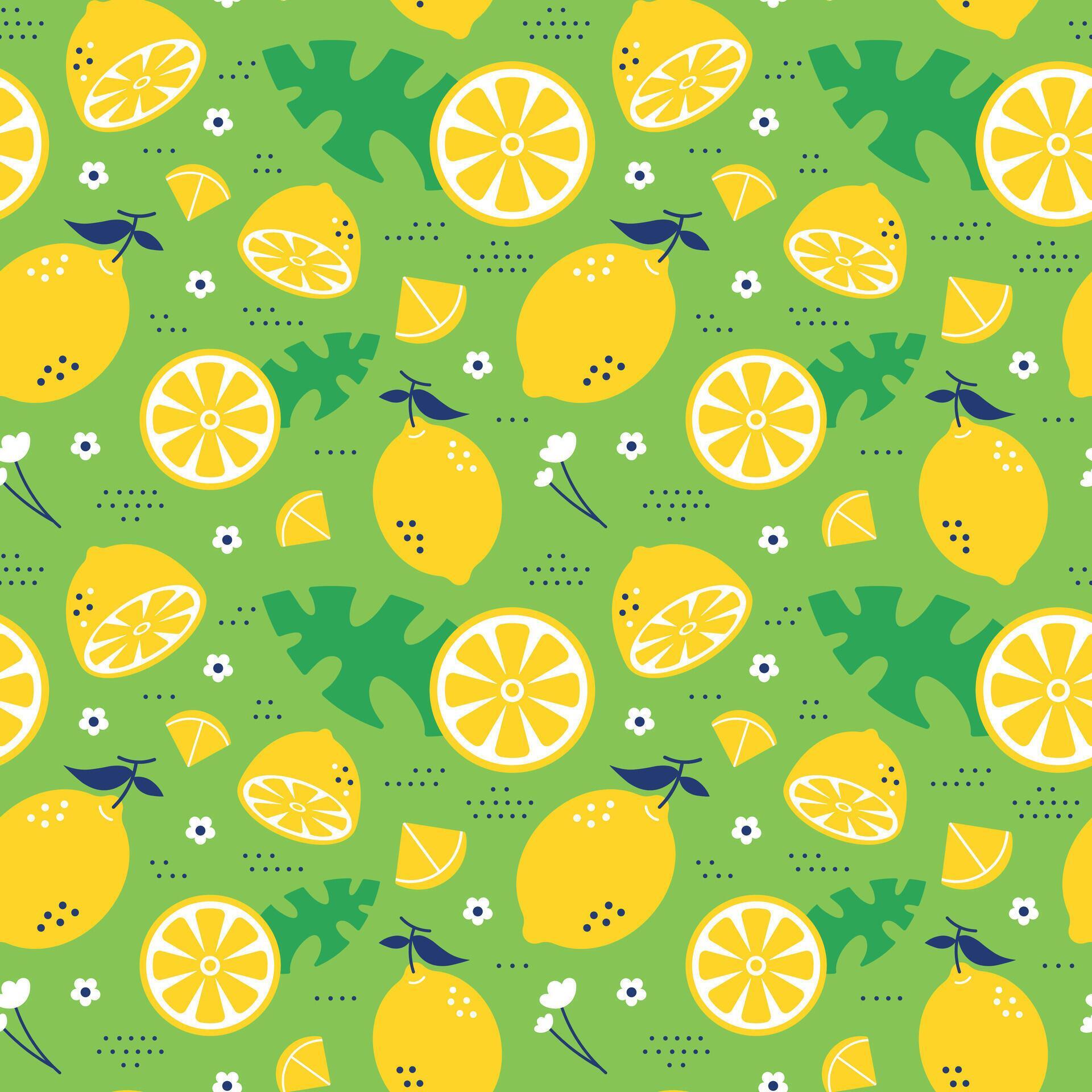Lemon slices seamless pattern on green background fruit citrus elements. Summer style. Flat ...