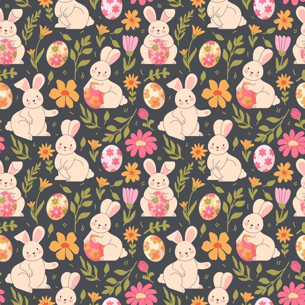 Happy Easter seamless pattern with bunnies, Easter eggs, spring flowers ...