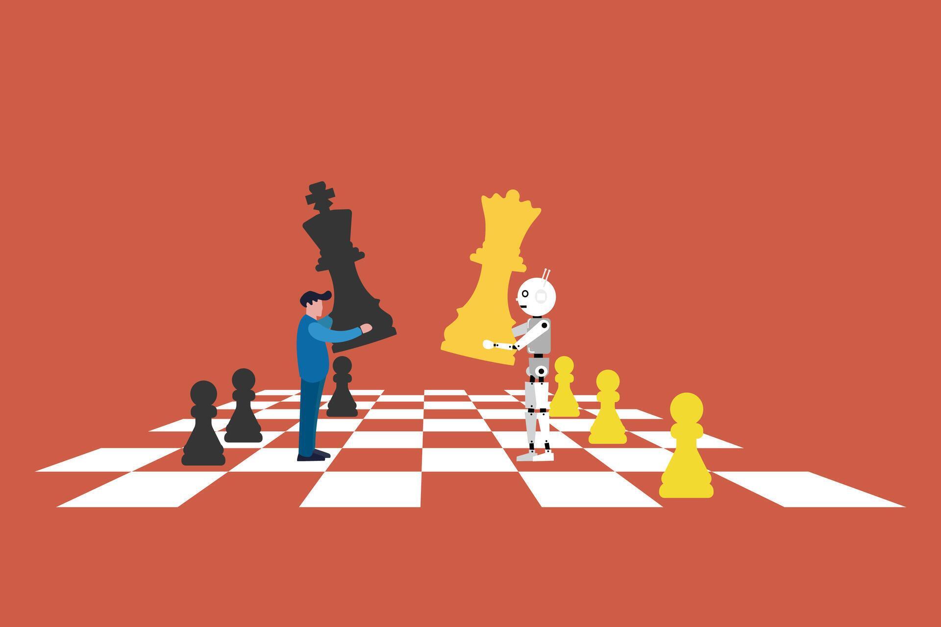 Robot vs Human playing Chess game. artificial intelligence technology ...