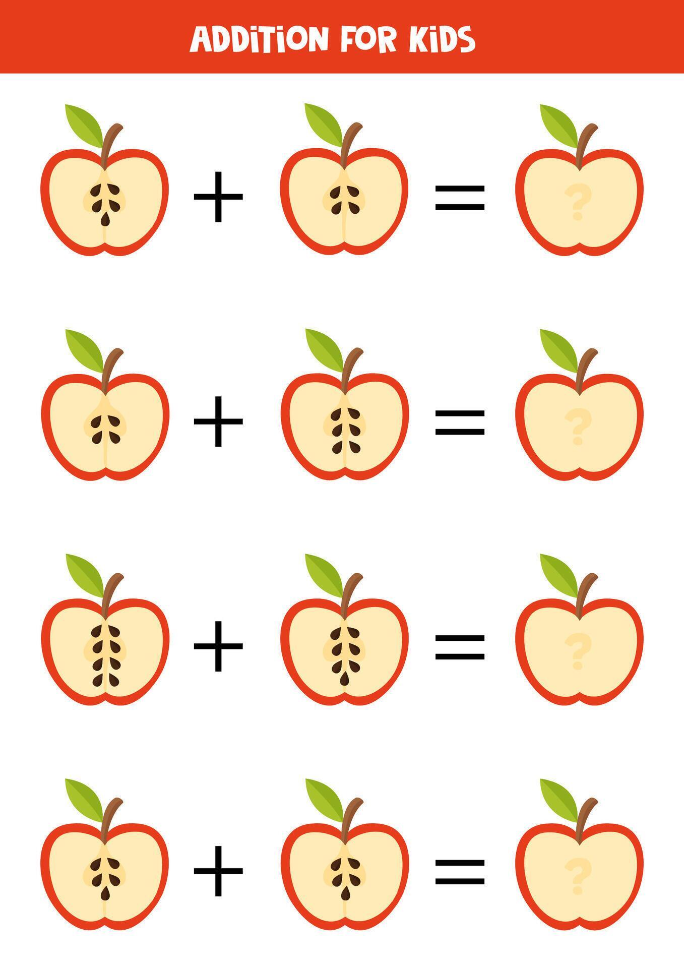 Addition for kids with red apples and apple seeds. Math game. 54621837 ...