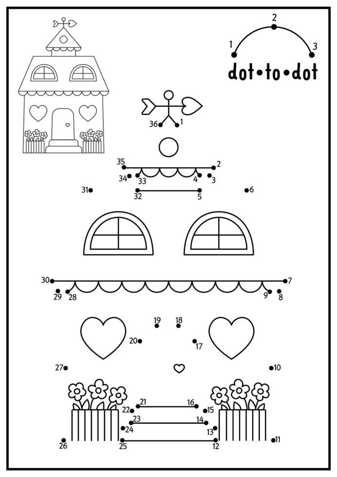 Saint Valentine dot-to-dot and color activity with cute kawaii house ...