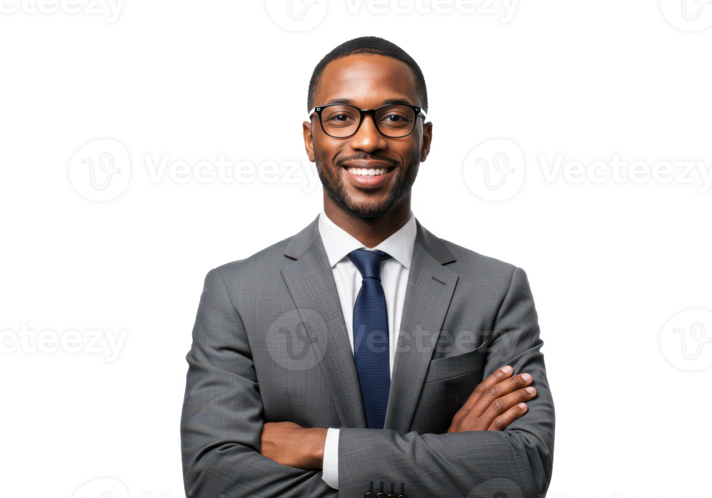 A Confident Man With Short Hair Wearing Glasses A Gray Suit And A Navy Tie Standing With