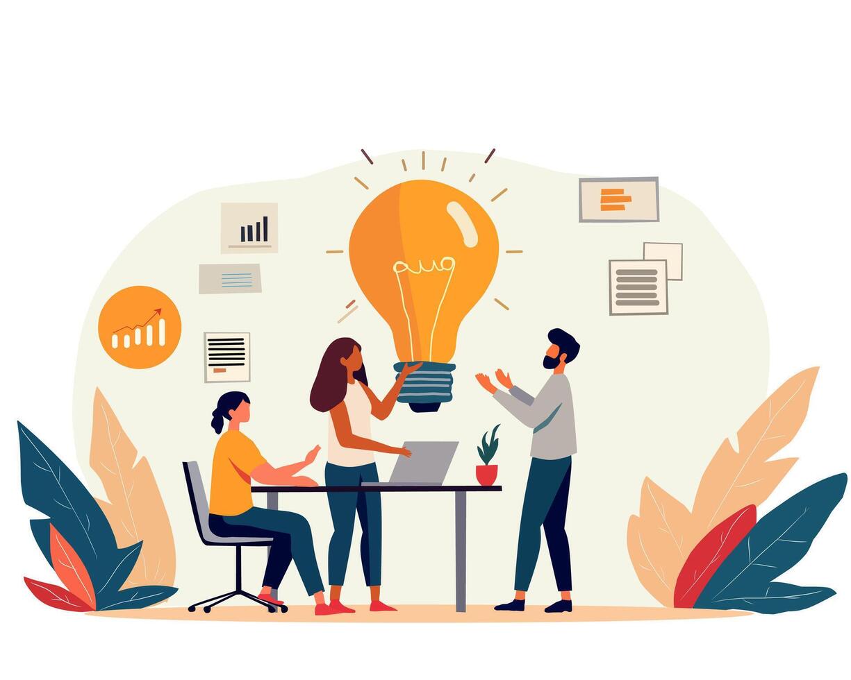 Creative illustration of a team brainstorming session. Three people collaborate around a table ...