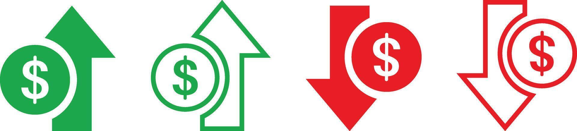 Money increase or decrease icon set. dollar decrease increase symbol. profit and lose signs ...