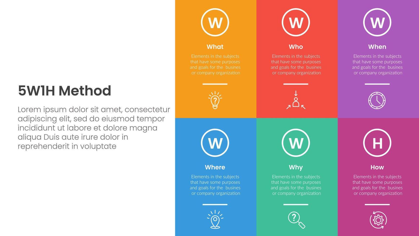 5W1H analysis infographic with big fullpage box on right side with 6 step points for slide ...