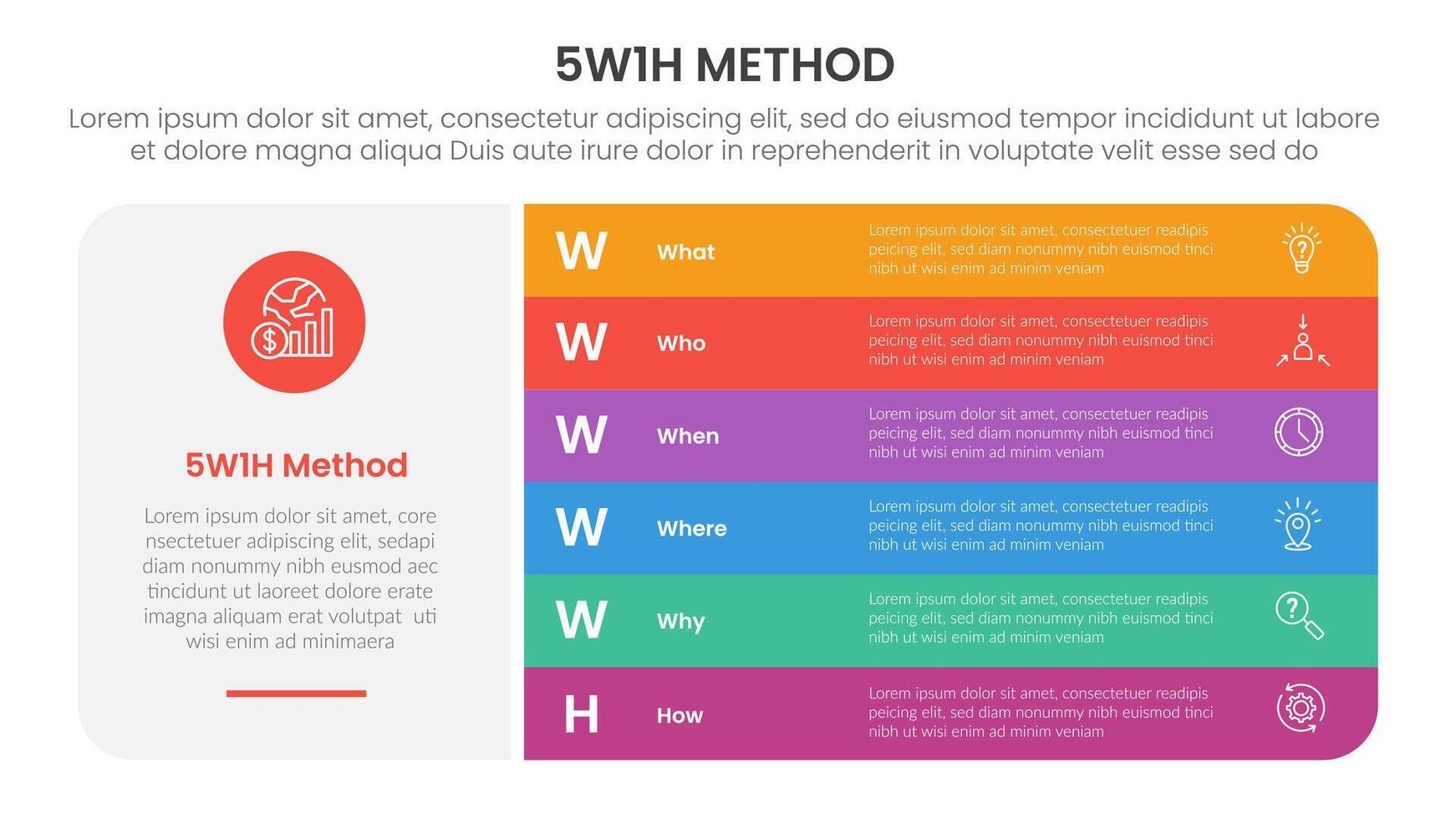 5W1H analysis infographic with big block shape and round rectangle stack with 6 step points for ...