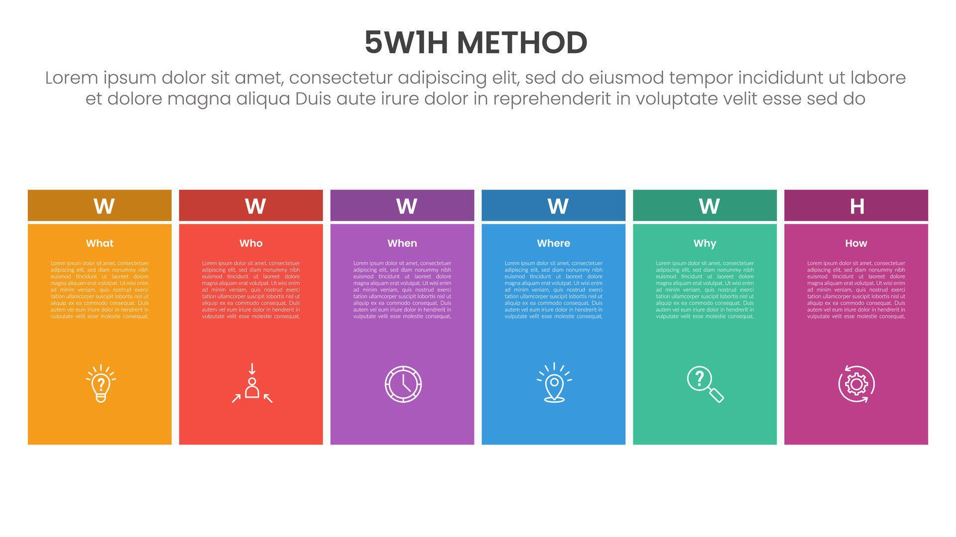 5W1H analysis infographic with big table box unite dark header with 6 step points for slide ...