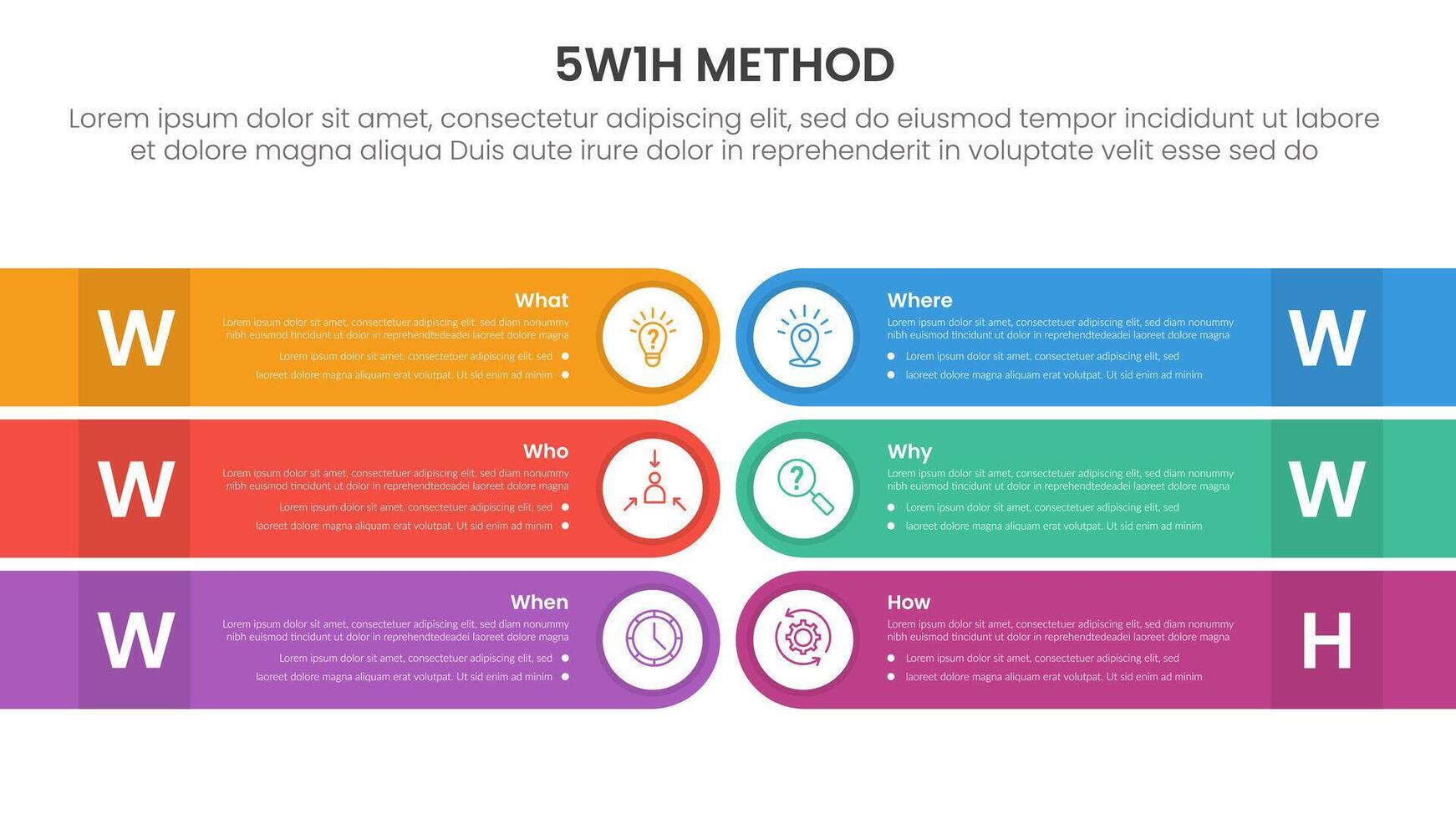 5w1h análisis infografía con redondo rectángulo caja opuesto dirección con 6 6 paso puntos para ...