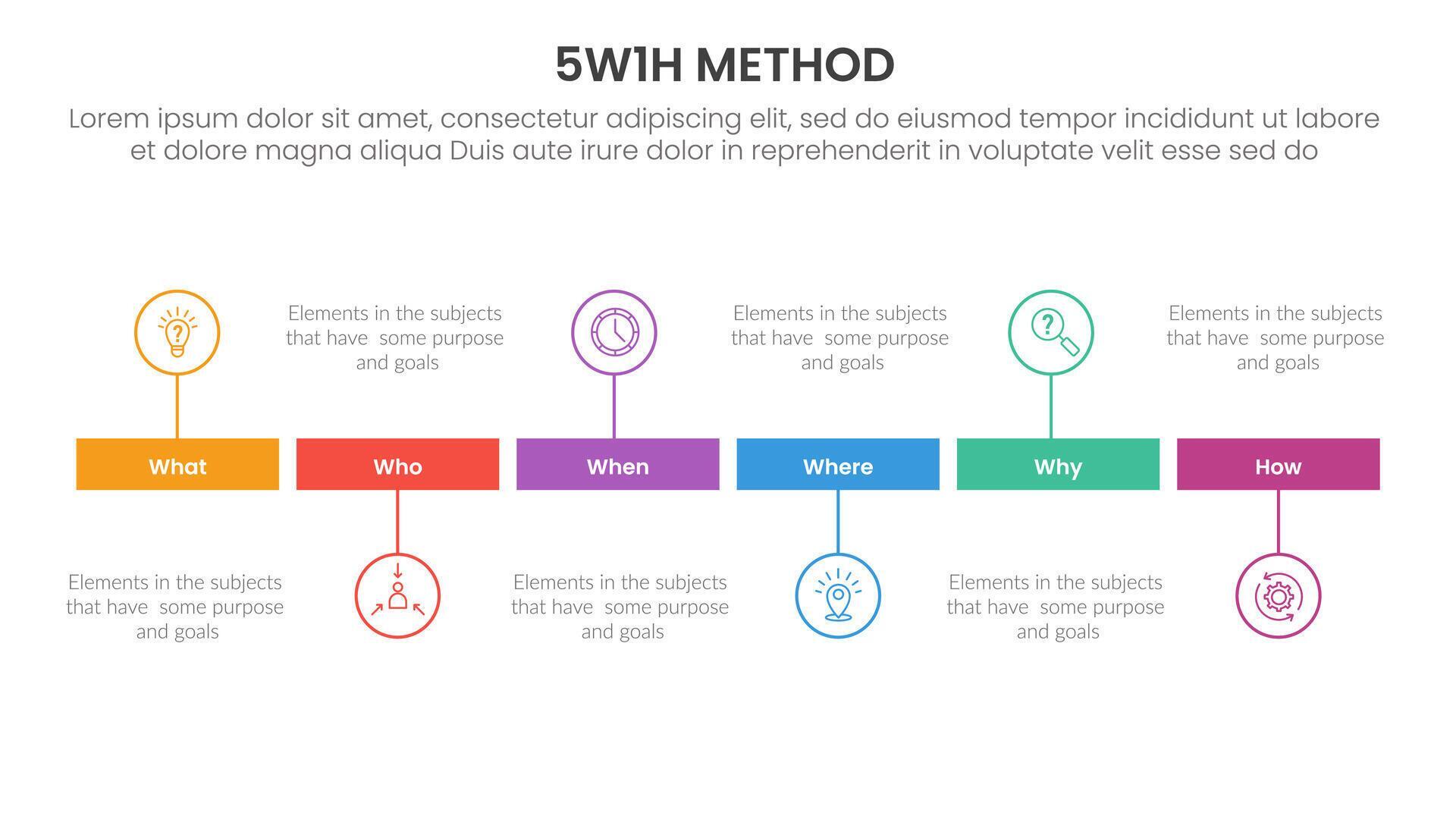 5W1H analysis infographic with small rectangle box and outline circle up and down with 6 step ...