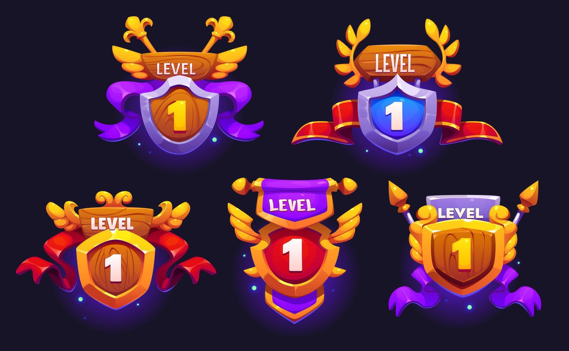 Game level up badge icons, victory shields asset 54669048 Vector Art at Vecteezy