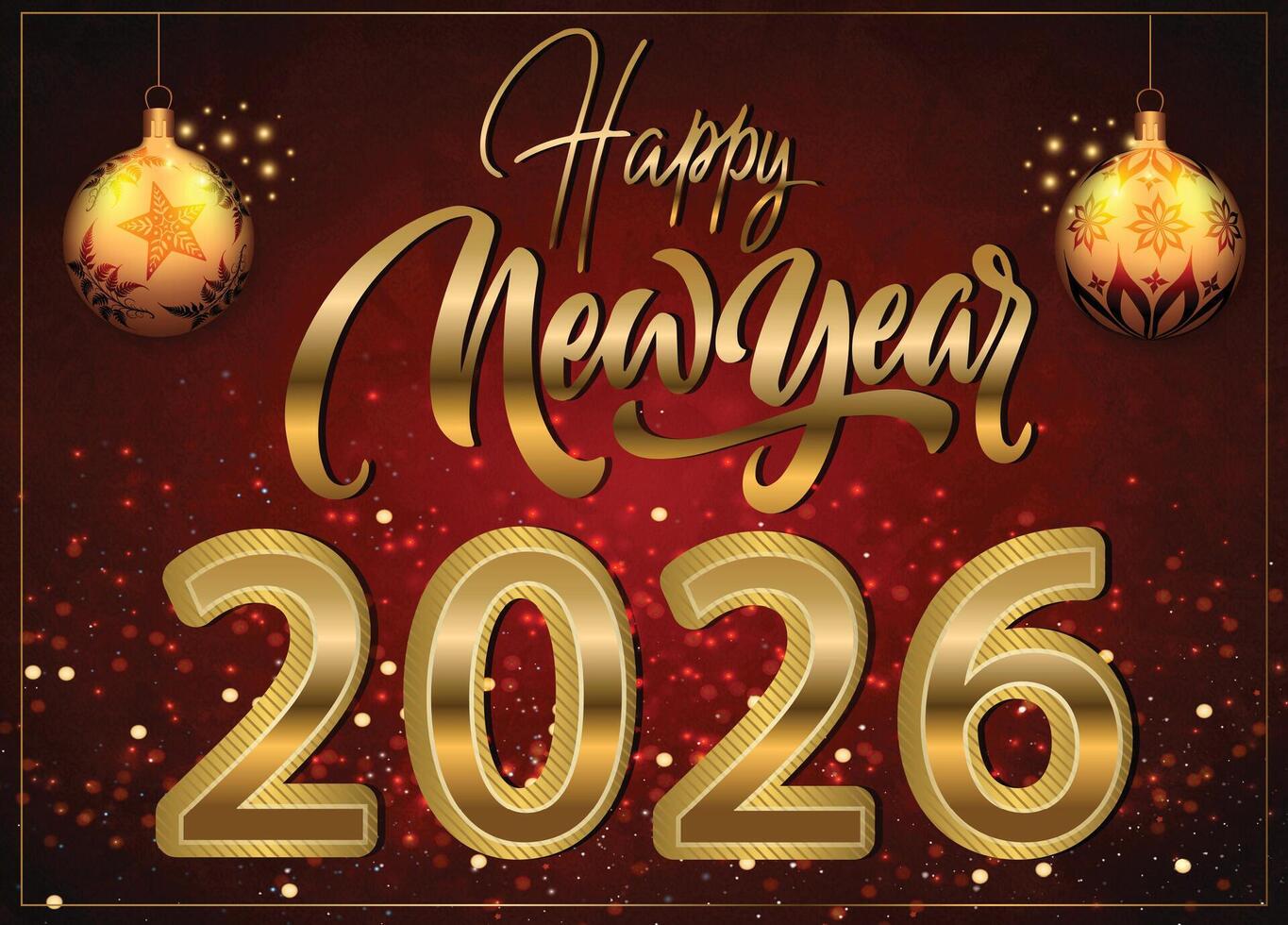 2026 Happy New Year, featuring golden letters and numbers on a radiant ...