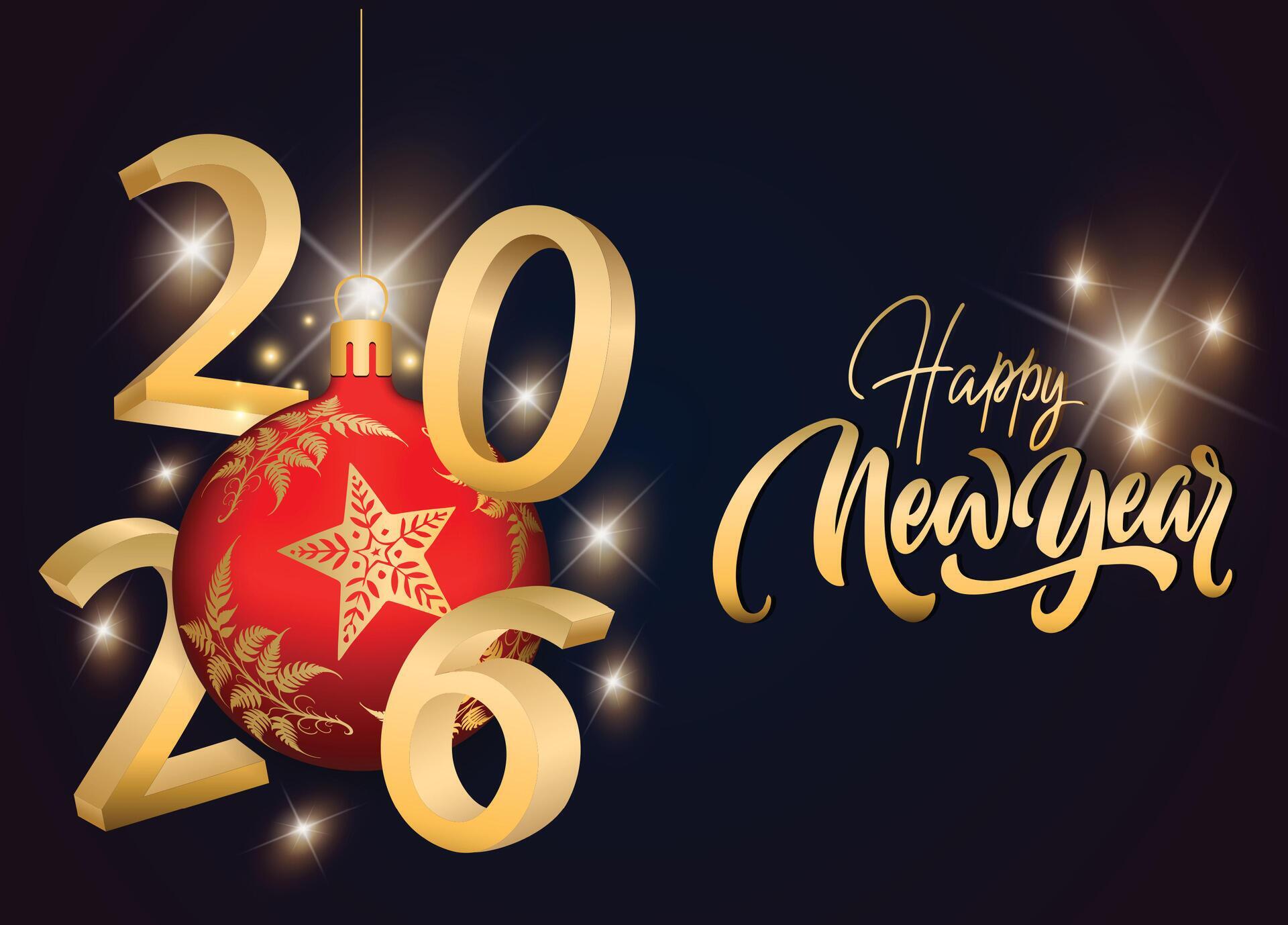 2026 Happy New Year greeting card design with shiny golden text and numbers on a dark blue ...